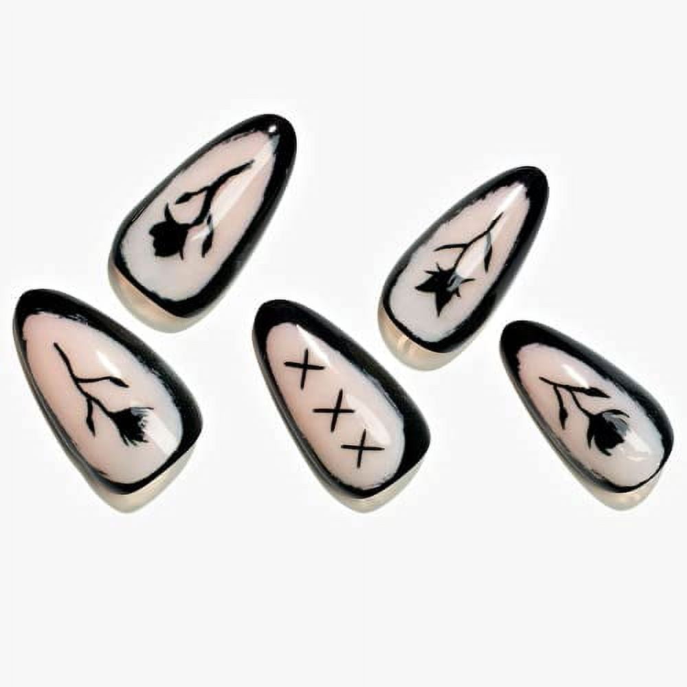 Glamermaid Nude Press On Nails Medium Almond Gothic Emo Stiletto Fake Nails With Black Rose