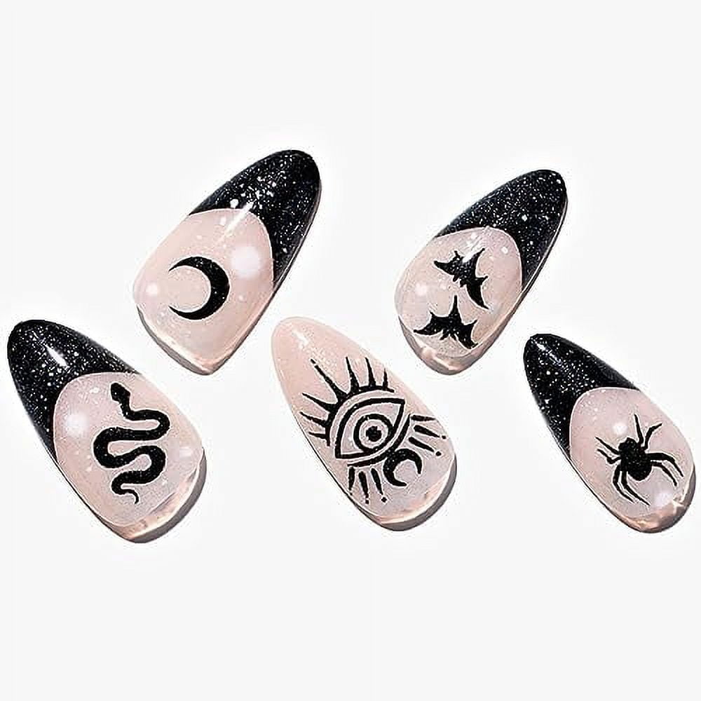 GLAMERMAID Press on Nails Short Almond, Gothic Black French tip Glue on ...