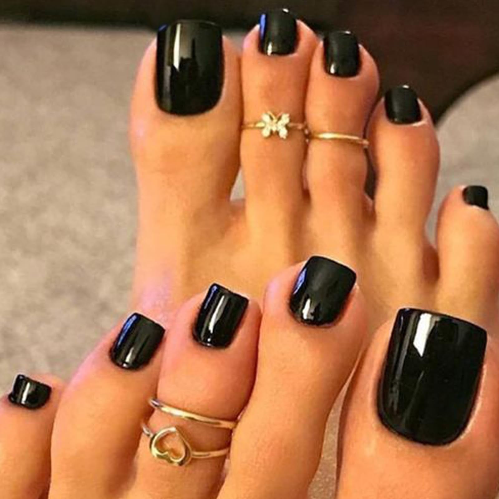 GLAMERMAID Press on Toenails, AIF9 Spring Summer Pure Black Gel Glue on ...