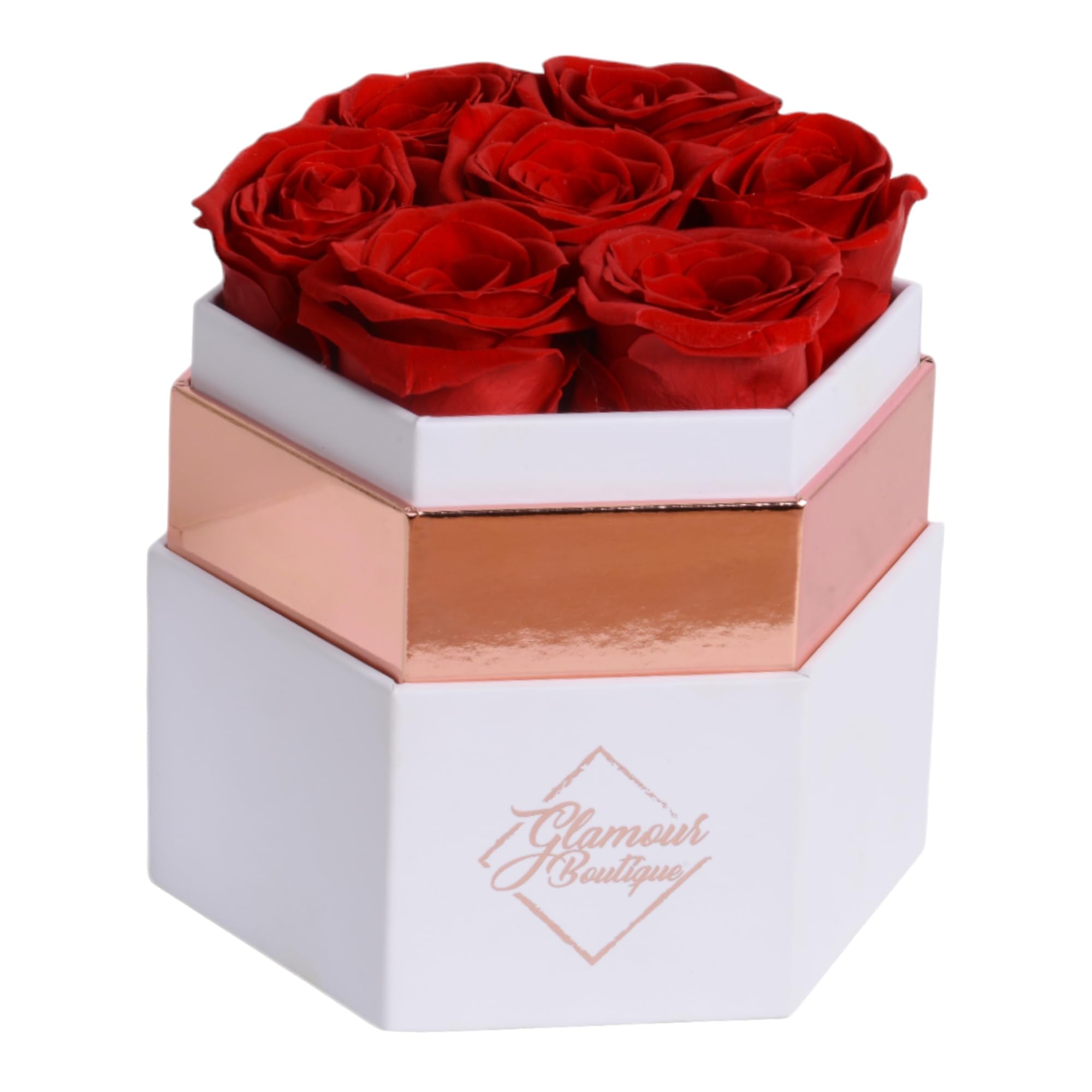 GLAMOUR BOUTIQUE Hexagon 7-Piece Forever Red Rose Box - Preserved Roses ...