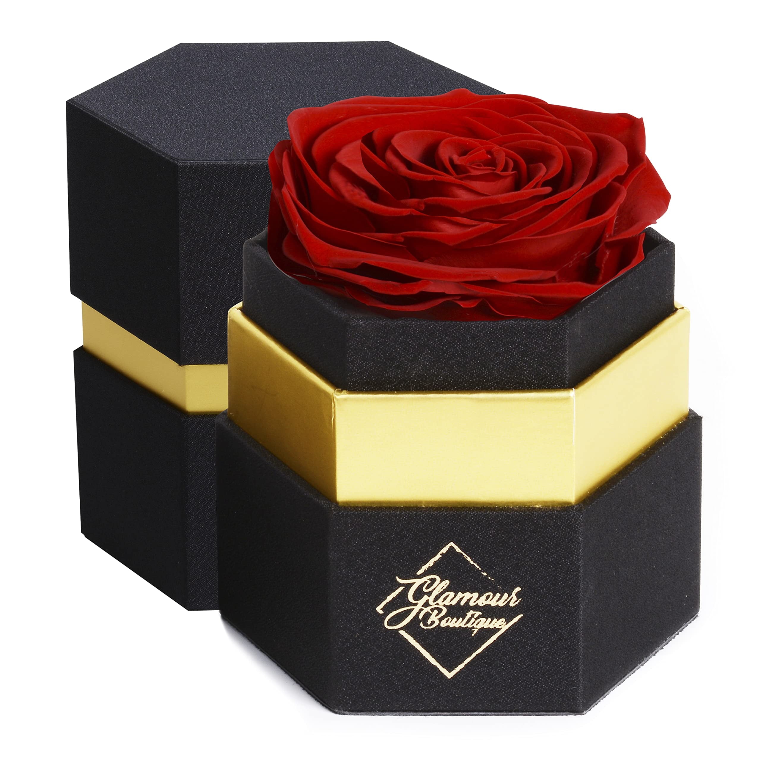 GLAMOUR BOUTIQUE Hexagon Single Forever Red Rose Box - Preserved Roses ...