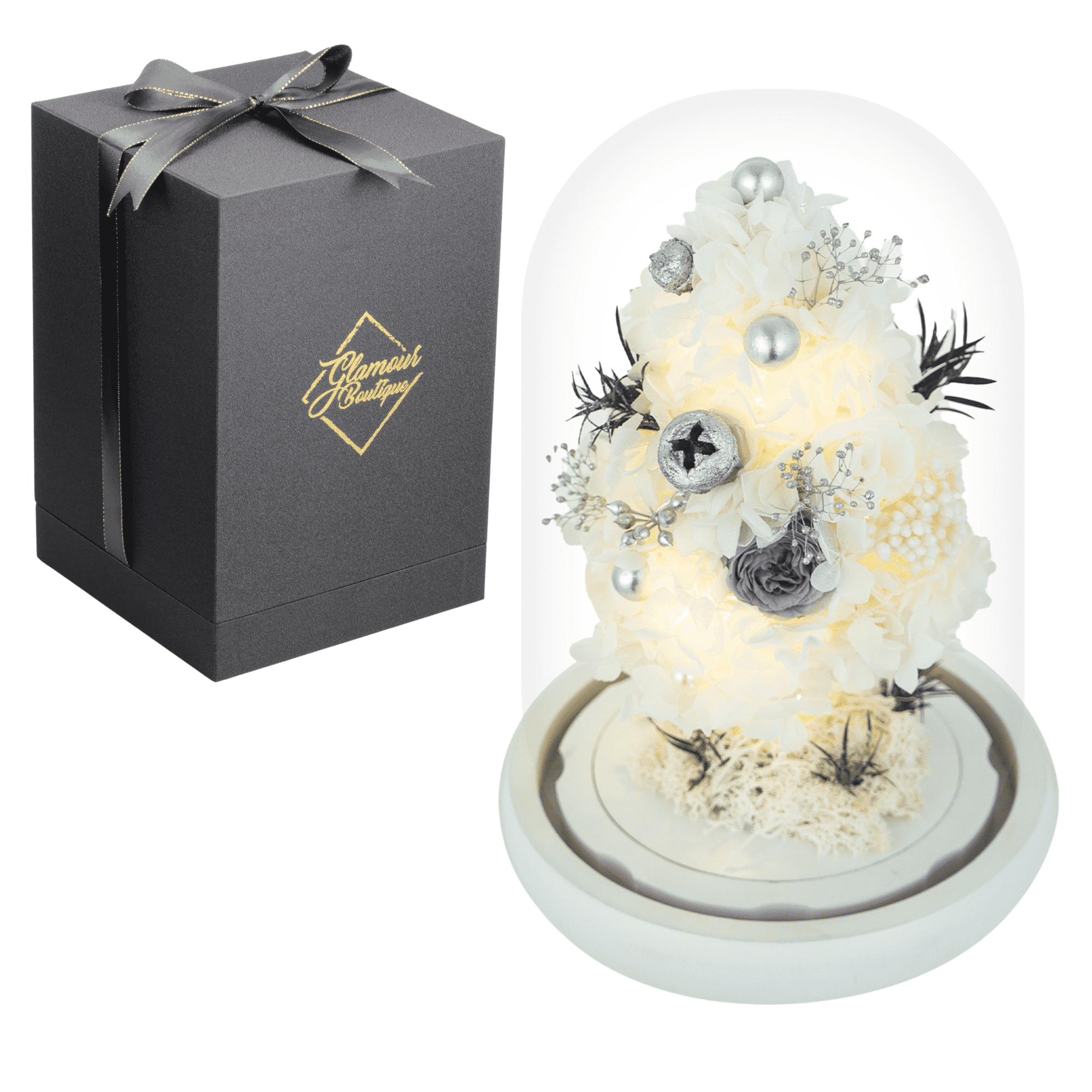 GLAMOUR BOUTIQUE Mini Christmas Tree Preserved Flower in Glass Dome w ...