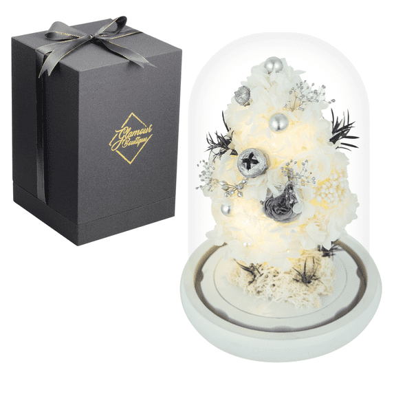 GLAMOUR BOUTIQUE Mini Christmas Tree Preserved Flower in Glass Dome w ...