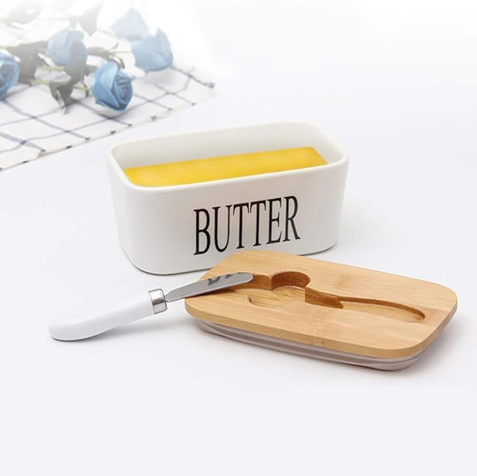 GLARTTON Butter Dish with Lid for CountertopCeramic Covered Butter Holder with Knife Airtight ...