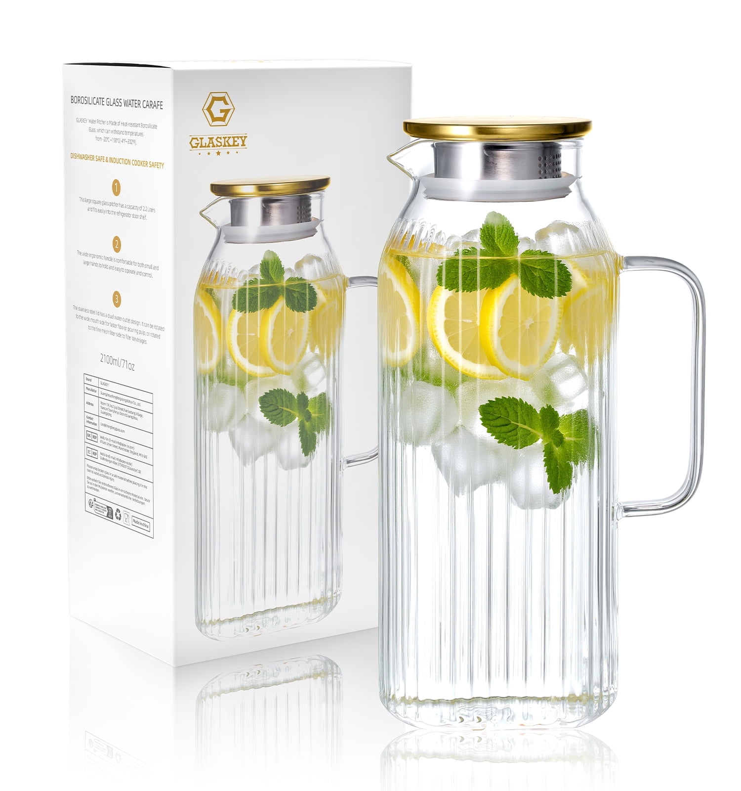 GLASKEY 71oz/2100ml Square Glass Pitcher with Lid, Classic Stripes ...