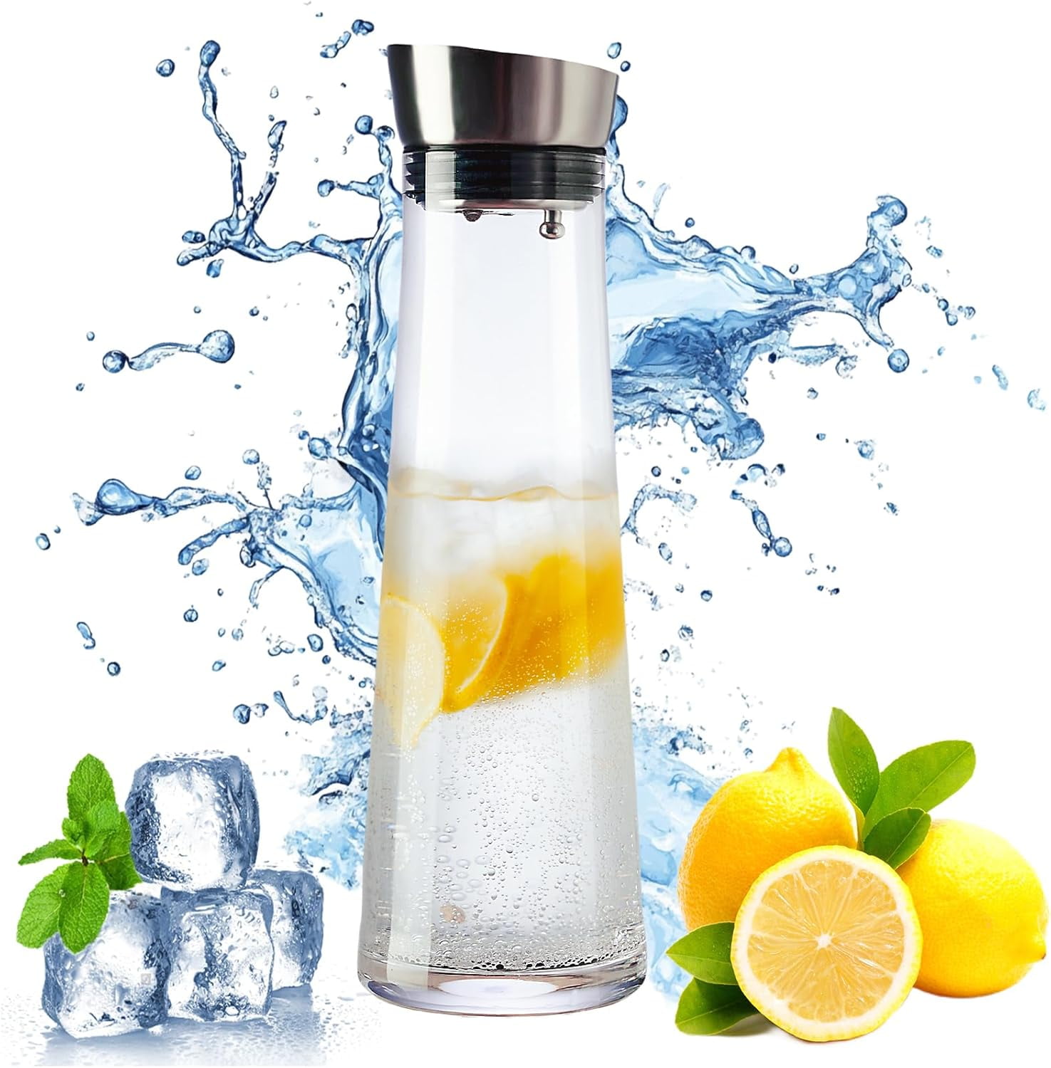 GLASKEY Glass Water Carafe with Lid,1200ml Glass Juice Pitcher with ...