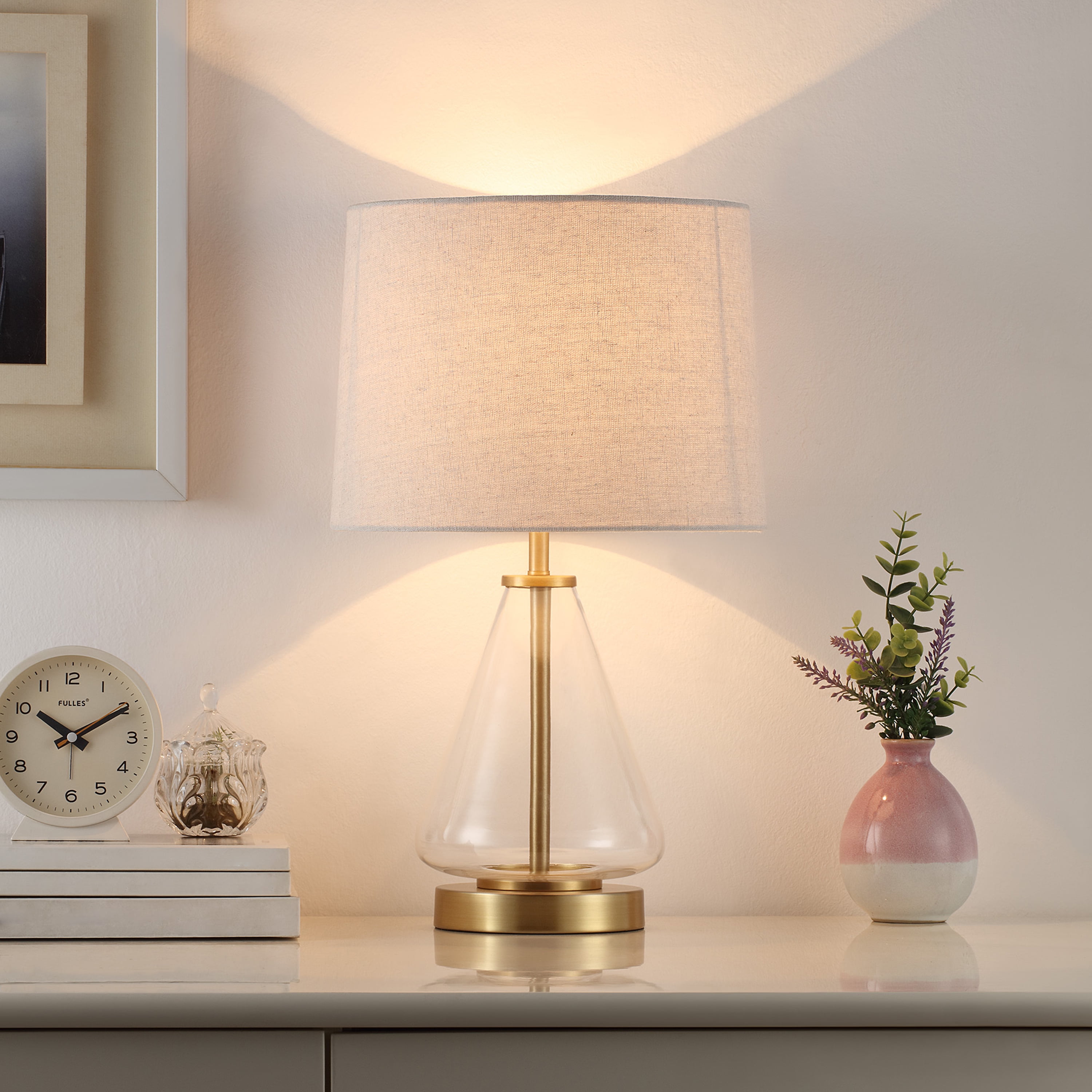 Better Homes & Gardens 18" Clear Glass Table Lamp with Brass Metal Base ...