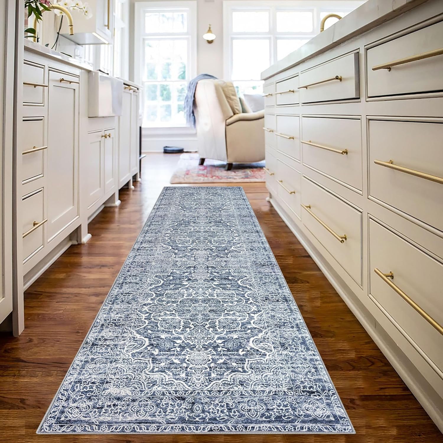 GLATTICE Runner for Hallway, Kitchen, Vintage Blue Floral Rug, Washable ...