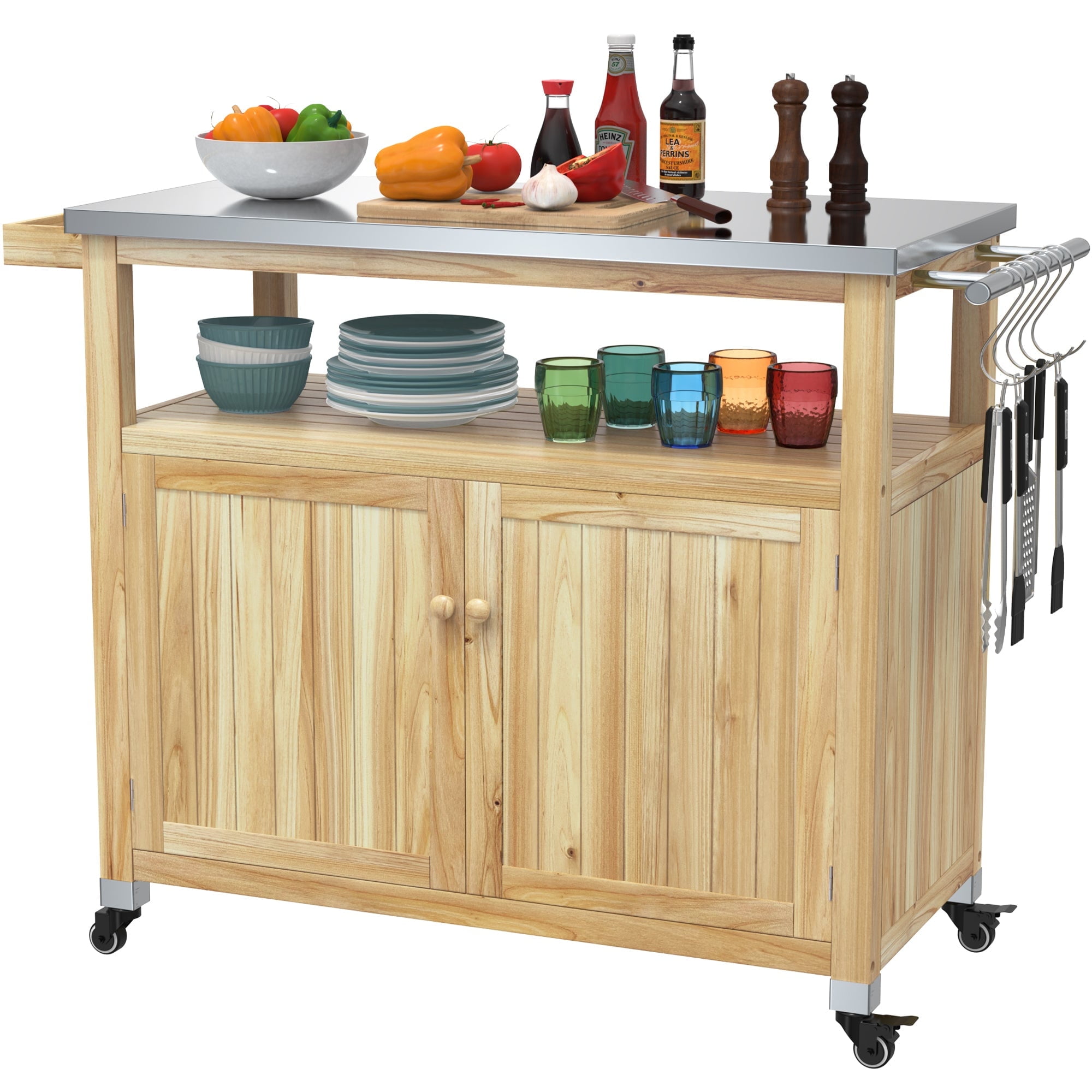 GDLF Outdoor Prep Grill Station, Durable Fir Wood Movable Dining Cart ...