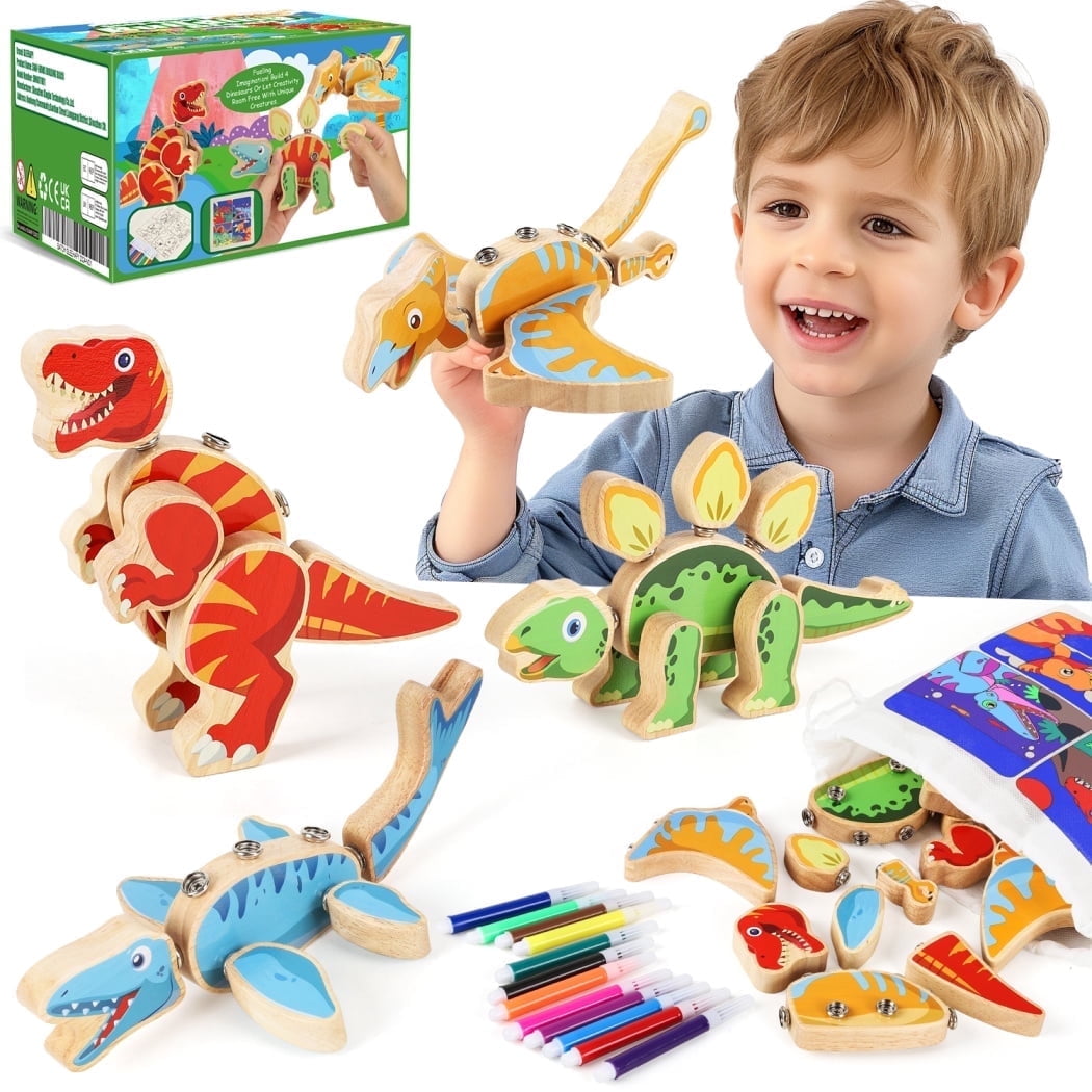 GLEEHAPY Wooden Dinosaur Snap-On Toys, STEM Building Blocks Set ...