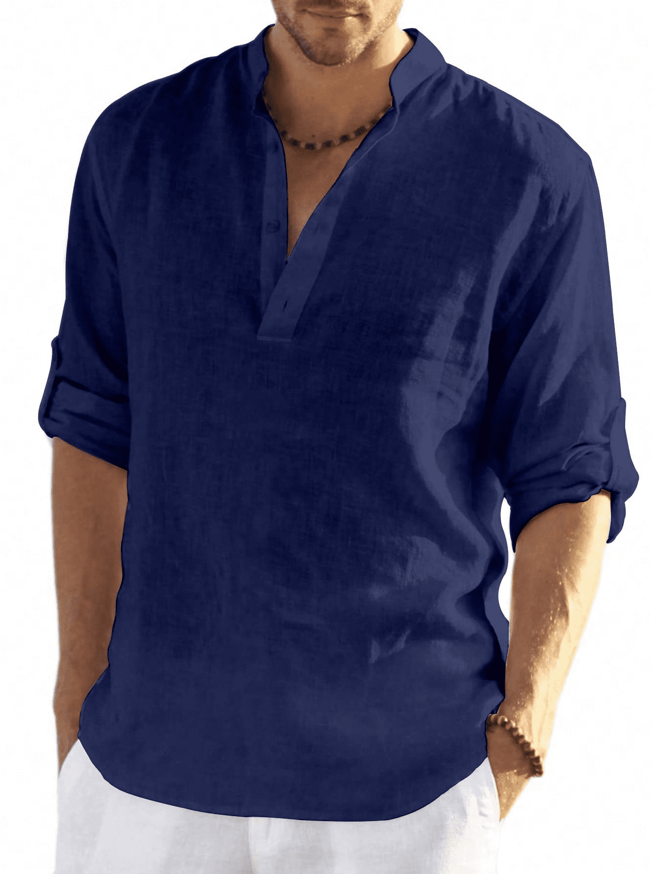 GLESTORE Cotton Linen Long sleeved Split Collar Men's Shirt Casual Men ...