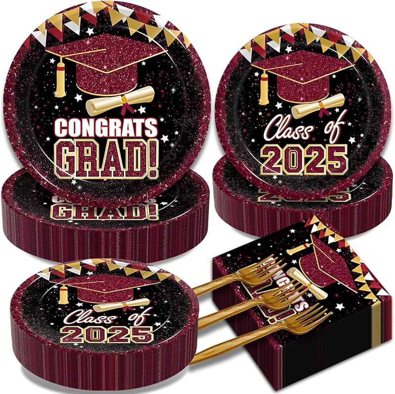 GLFR 200Pcs 2025 Graduation Party Tableware Set, Maroon Gold Class of ...