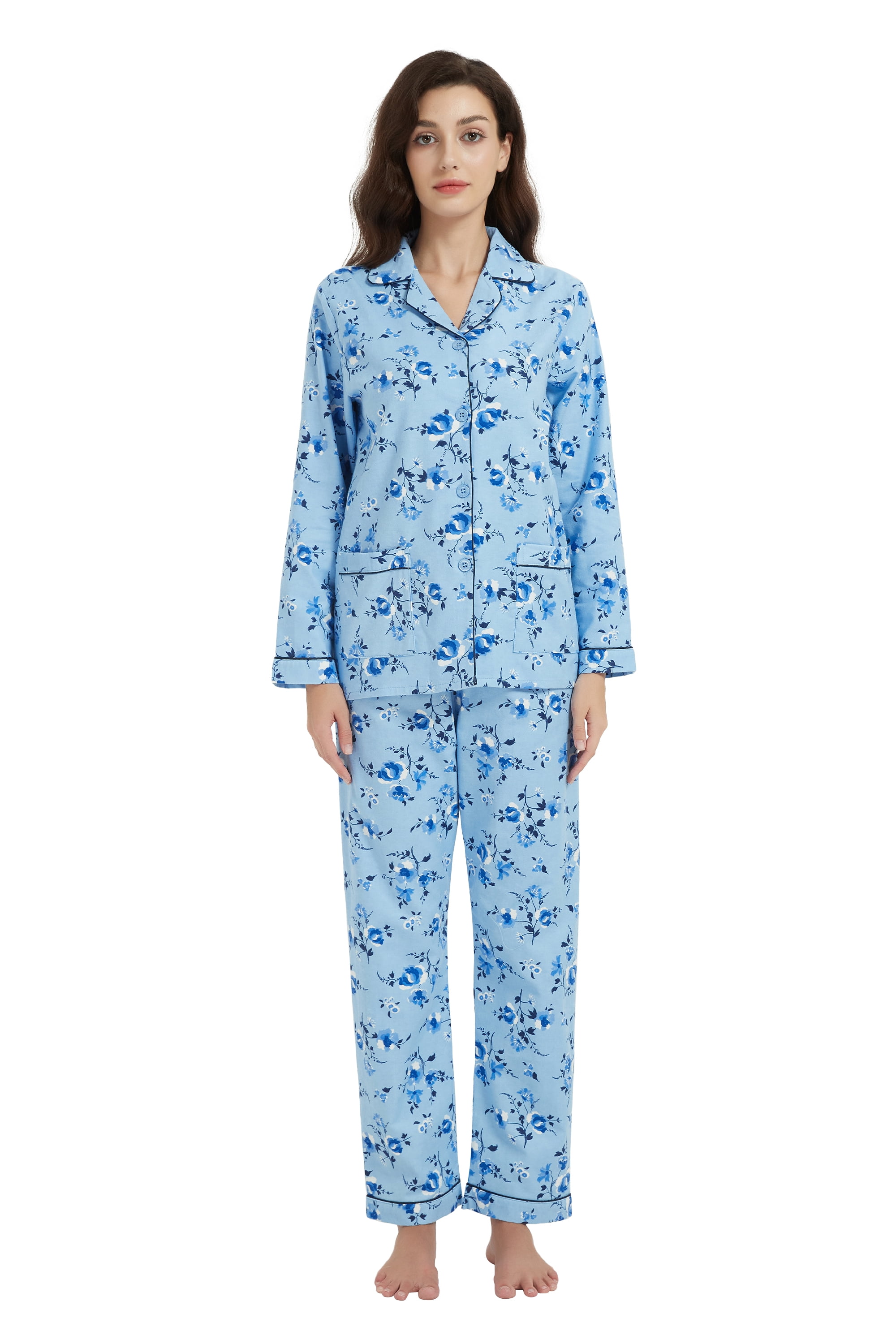 GLOBAL 100% Cotton Comfy Flannel Pajamas for Women 2-Piece Warm and ...