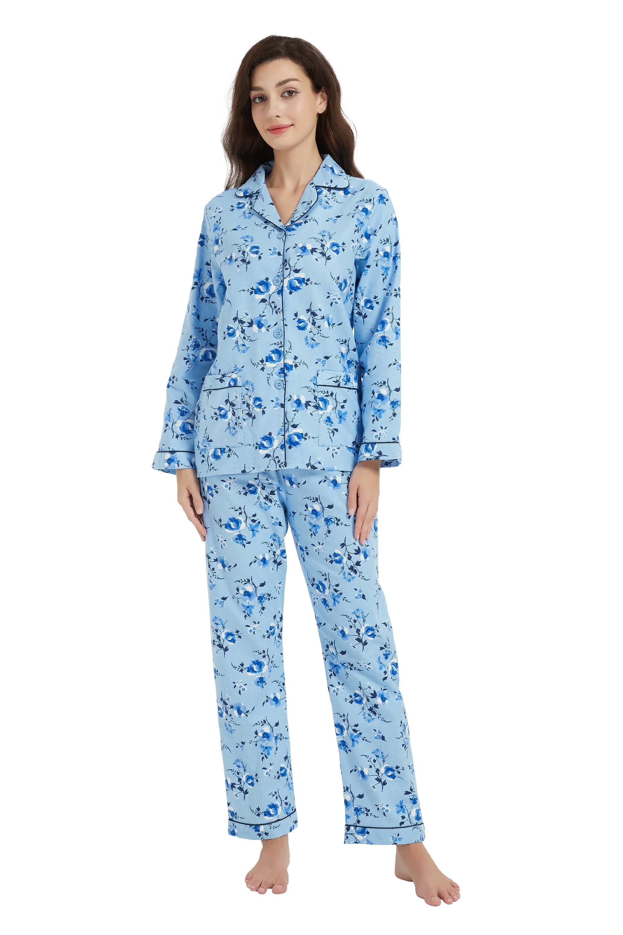 GLOBAL Womens Flannel Cotton Pajama Set Long PJs Flannel Loungewear ...