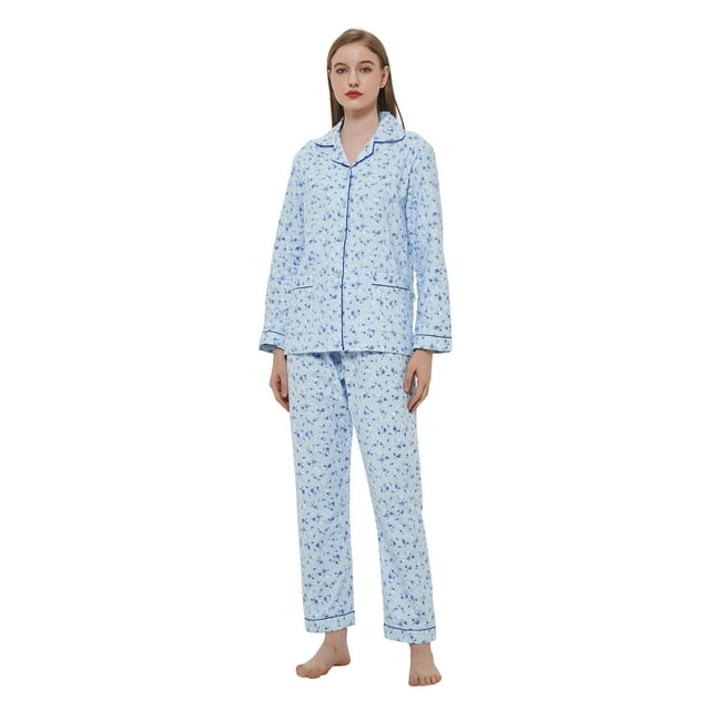 Global Womens Flannel Cotton Pajama Set Long Pjs Flannel Loungewear