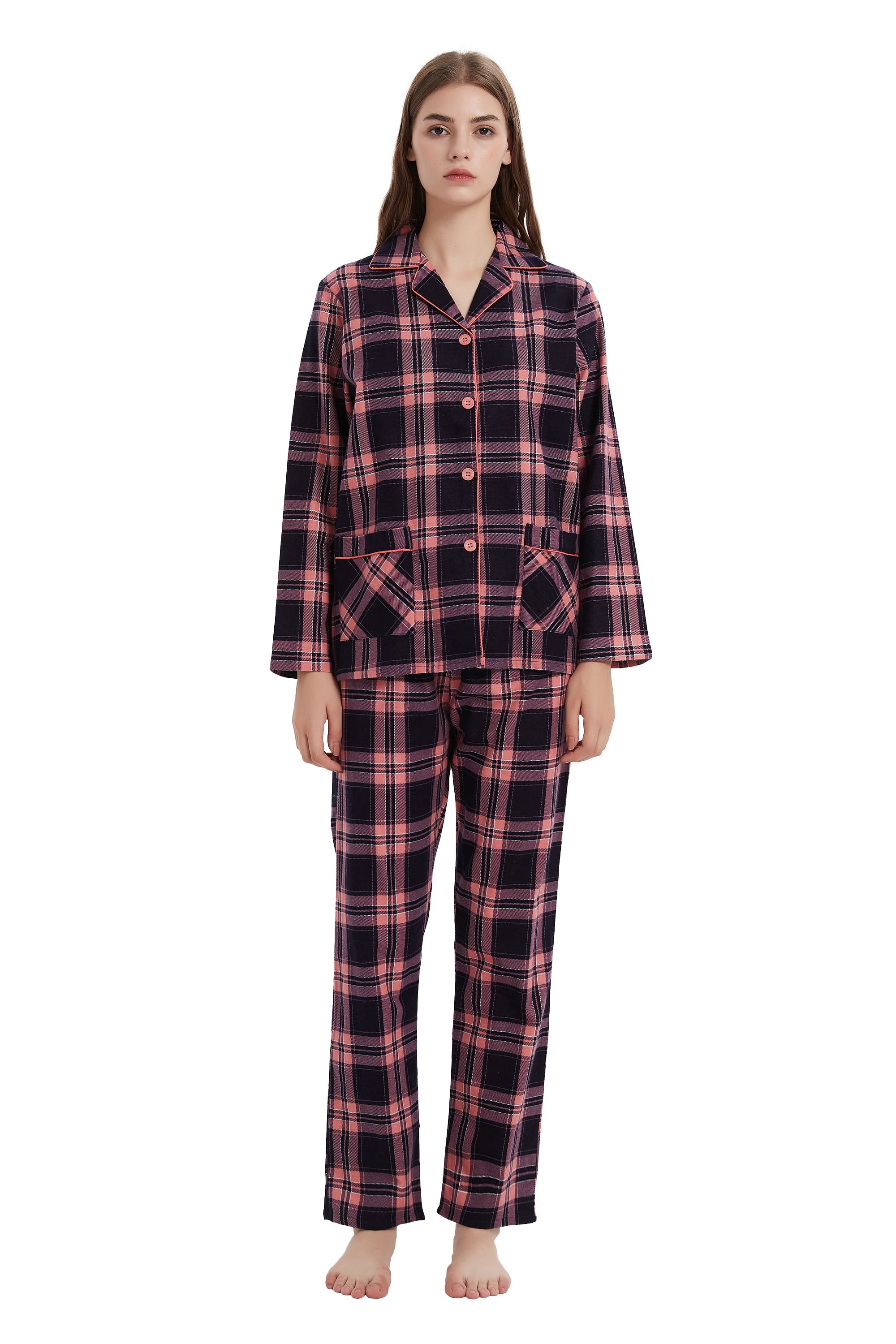 GLOBAL Womens Flannel Cotton Pajama Set Long PJs Flannel Loungewear Sleepwear,Size S-3XL ...