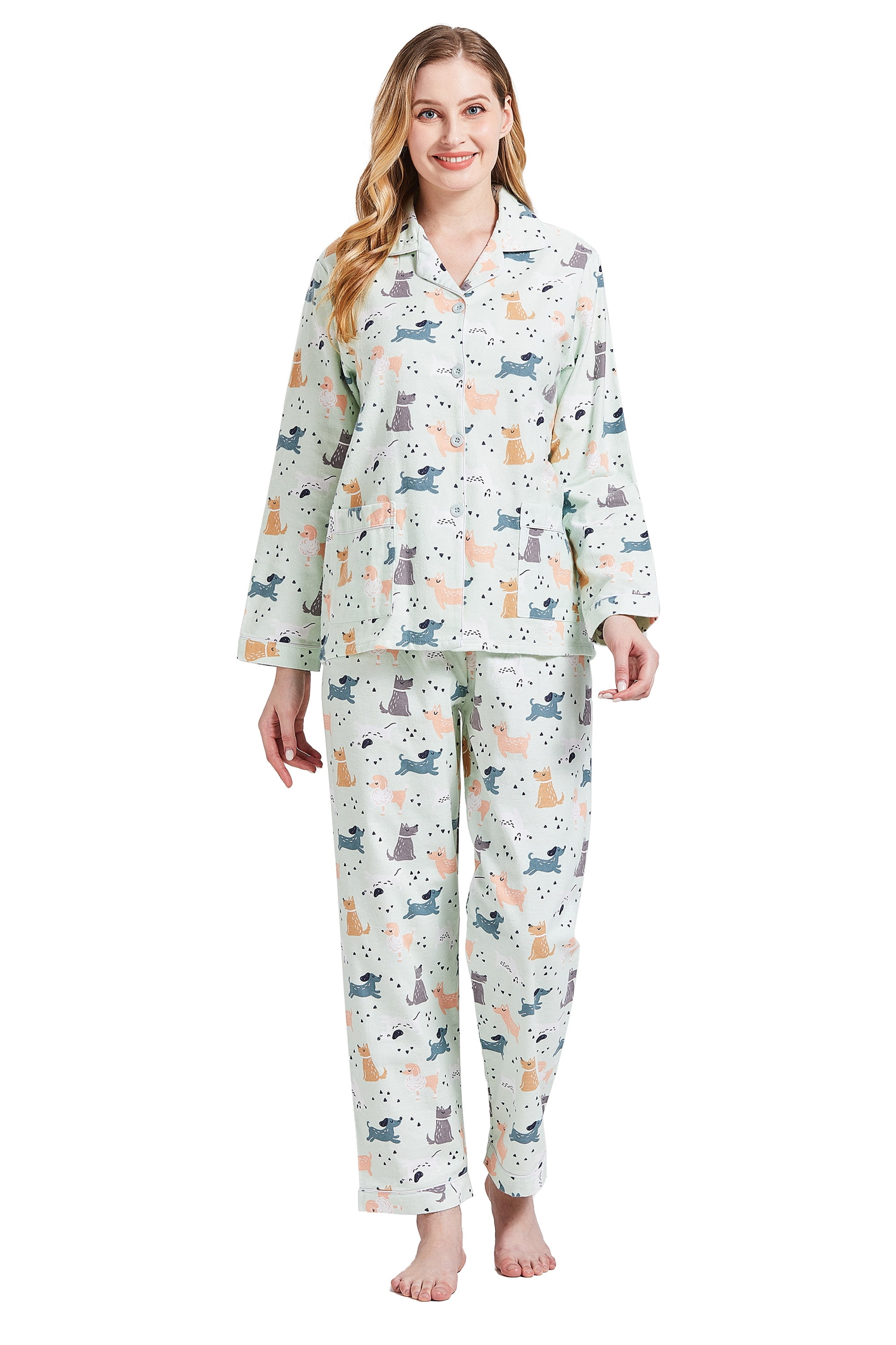 GLOBAL Womens Flannel Cotton Pajama Set Long PJs Flannel Loungewear Sleepwear,Size S-3XL ...