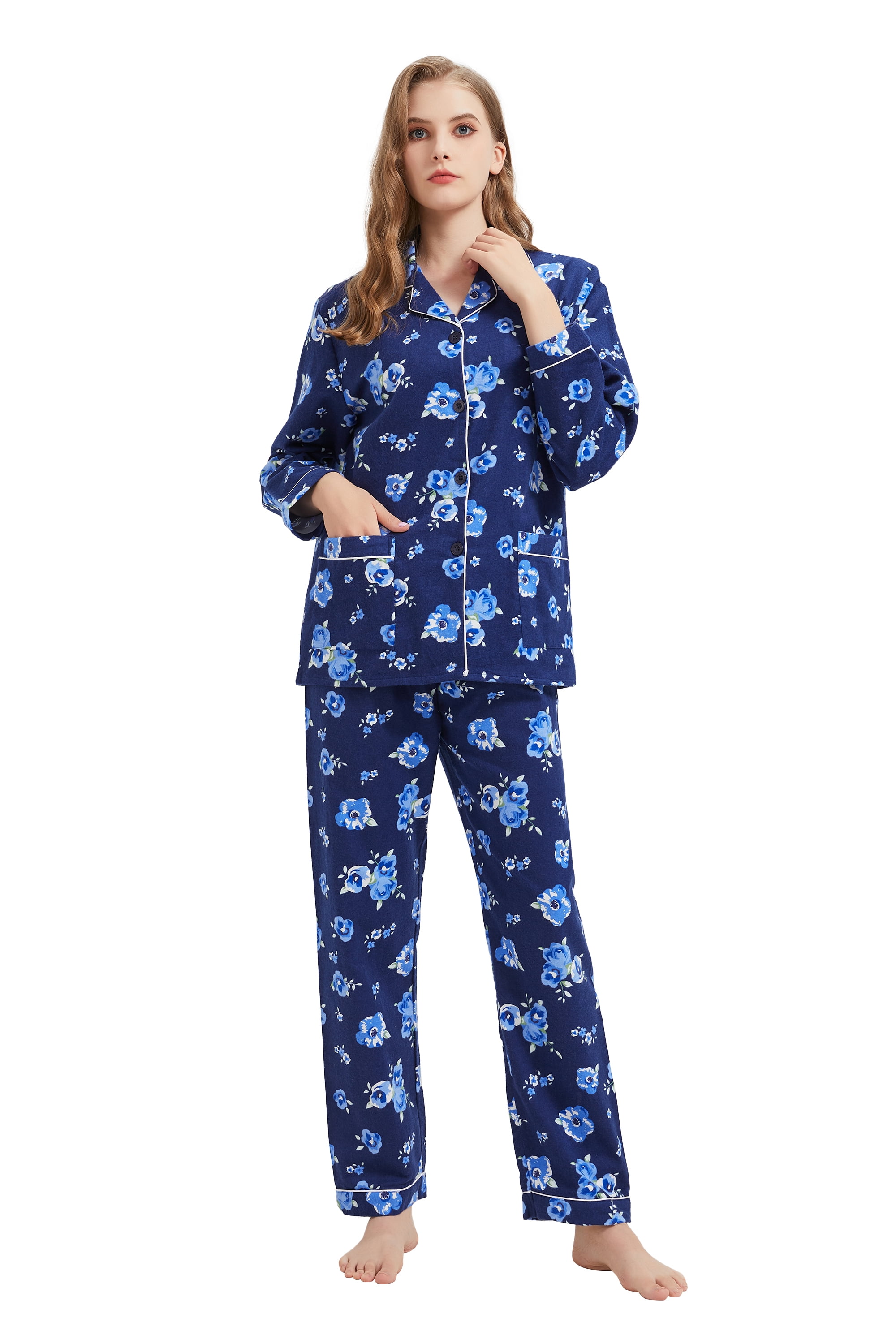 GLOBAL Womens Flannel Cotton Pajama Set Long PJs Flannel Loungewear Sleepwear,Size S-3XL ...