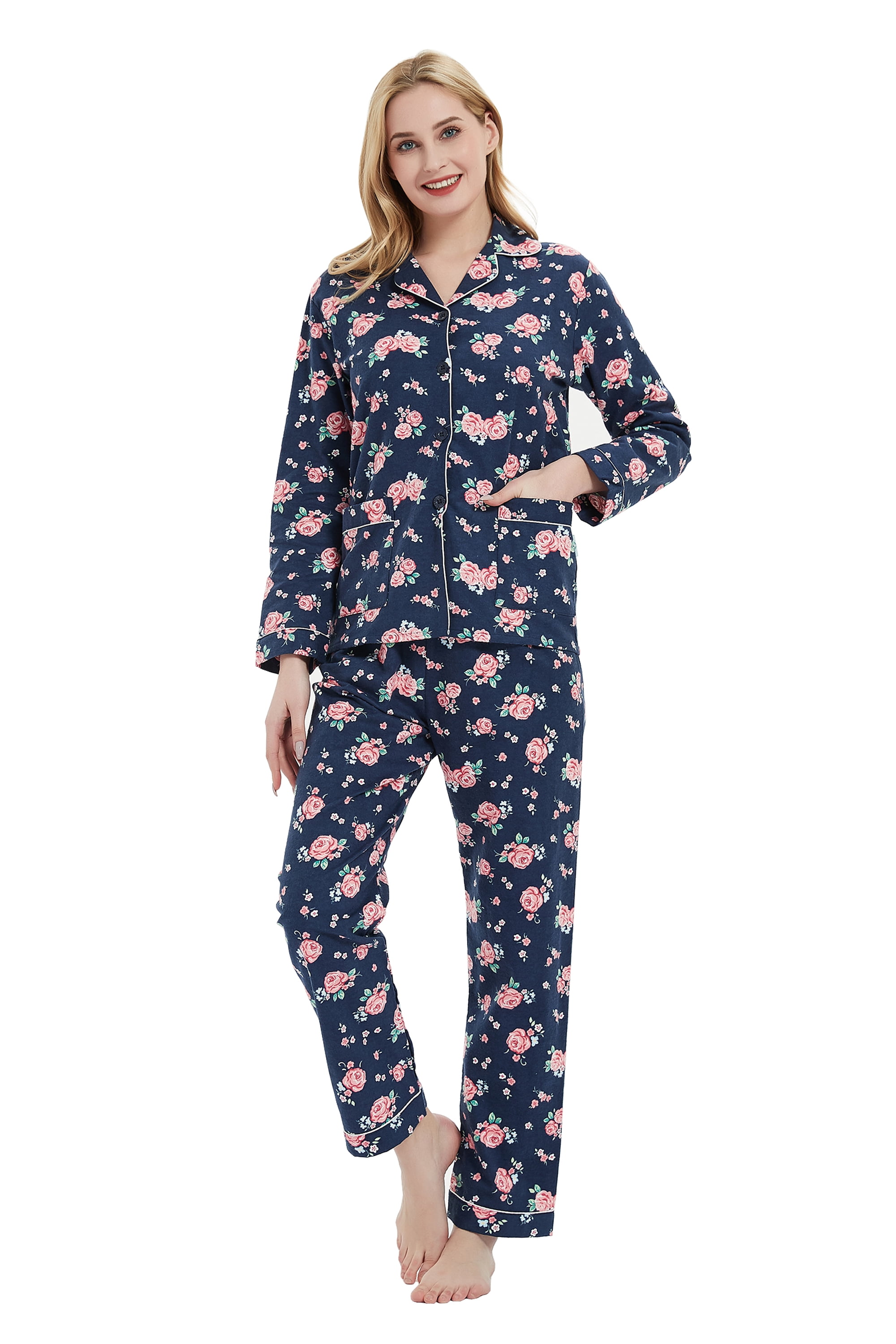 GLOBAL Womens Flannel Cotton Pajama Set Long PJs Flannel Loungewear ...
