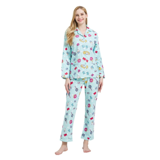 GLOBAL Womens Flannel Cotton Pajama Set Long PJs Flannel Loungewear Sleepwear,Size S-3XL ...