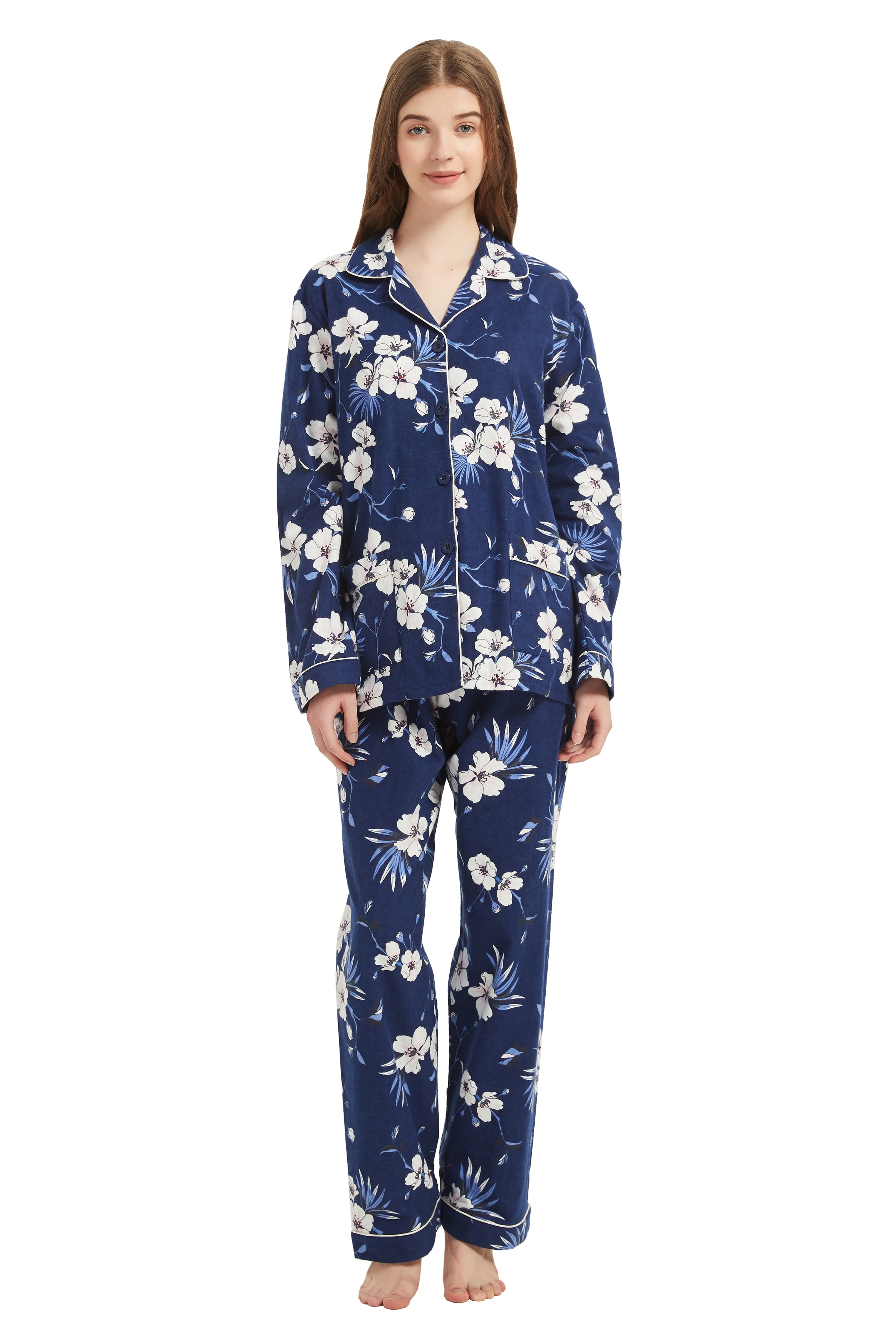 GLOBAL Womens Flannel Cotton Pajama Set Long PJs Flannel Loungewear ...