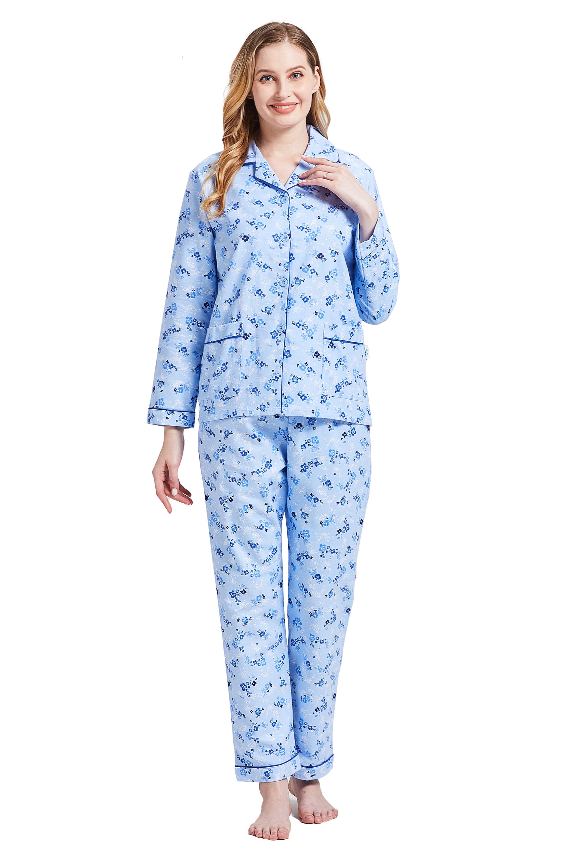 GLOBAL Womens Flannel Cotton Pajama Set Long PJs Flannel Loungewear Sleepwear,Size S-3XL ...