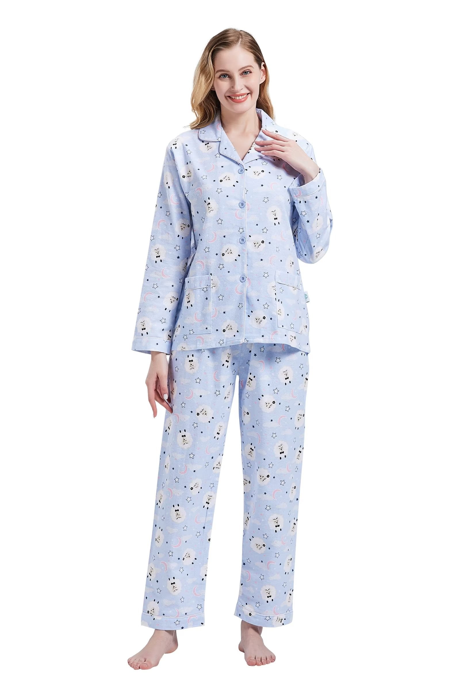 GLOBAL Womens Flannel Cotton Pajama Set Long PJs Flannel Loungewear Sleepwear,Size S-3XL ...