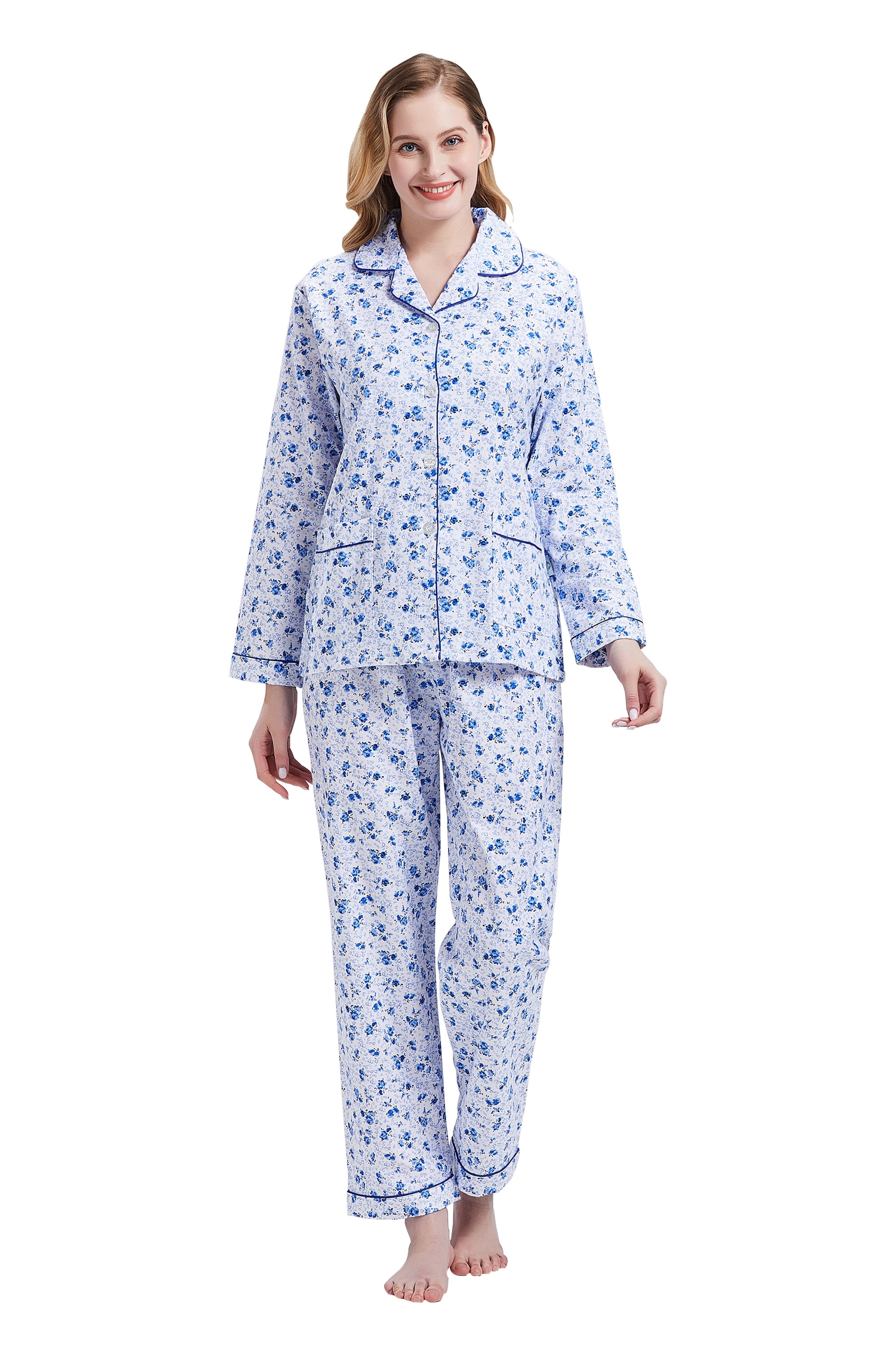 GLOBAL Womens Flannel Cotton Pajama Set Long PJs Flannel Loungewear Sleepwear,Size S-3XL ...