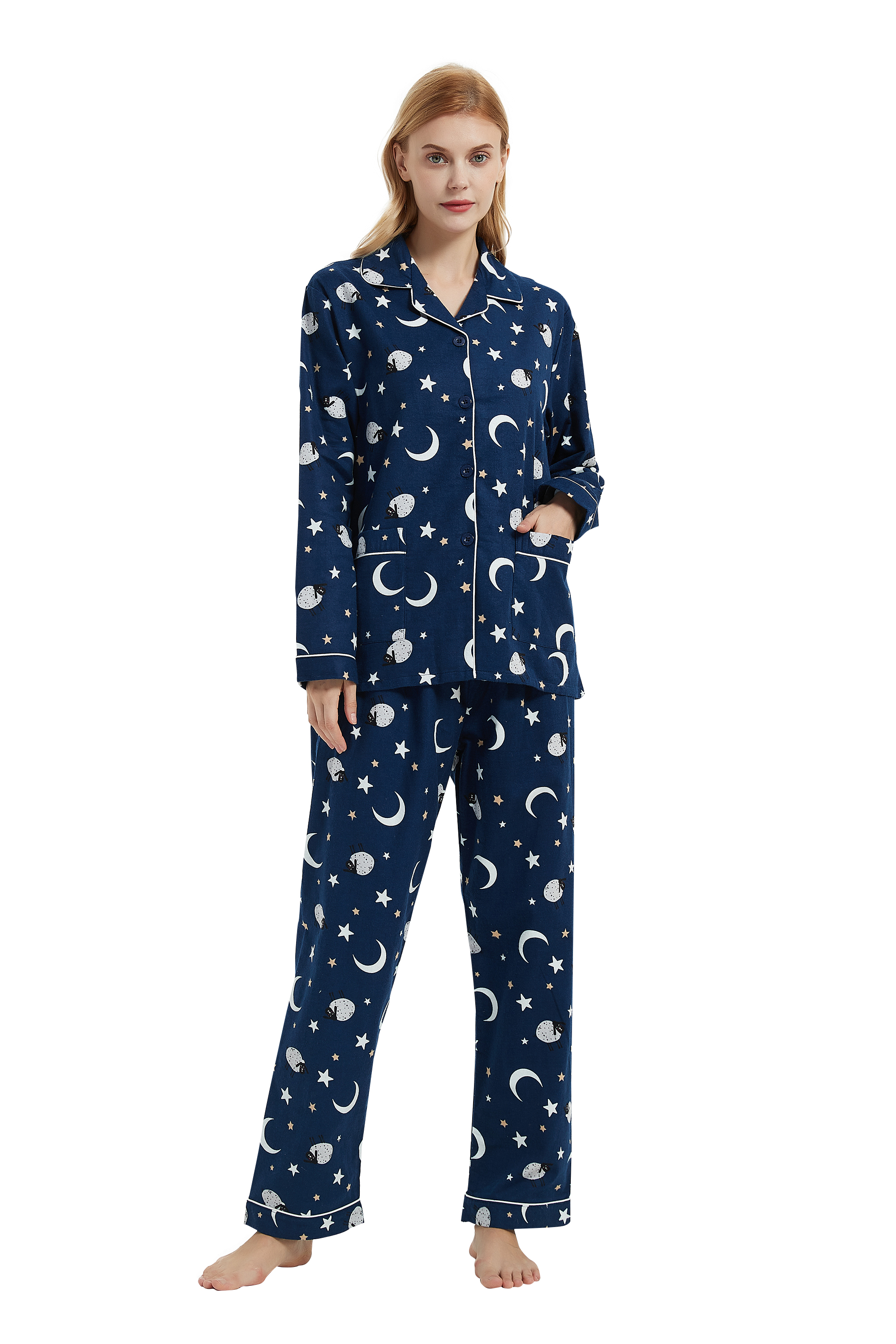Women’s Cotton Flannel Long Sleeve Pajamas PJ Set Cute Polka Dot Print ...