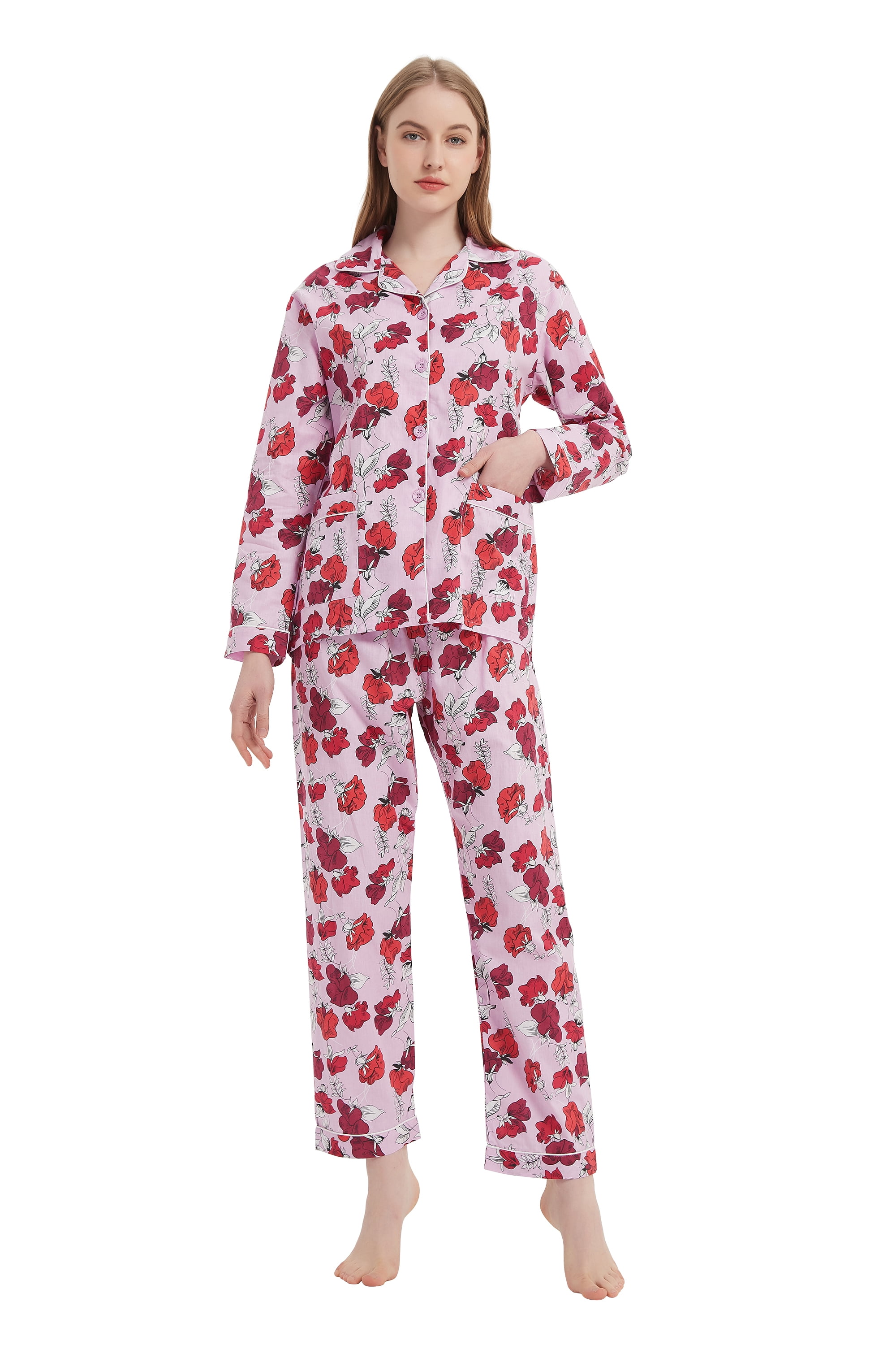GLOBAL 100% Cotton Pajamas for Women Notch Collar Pjs Cozy Button Down ...
