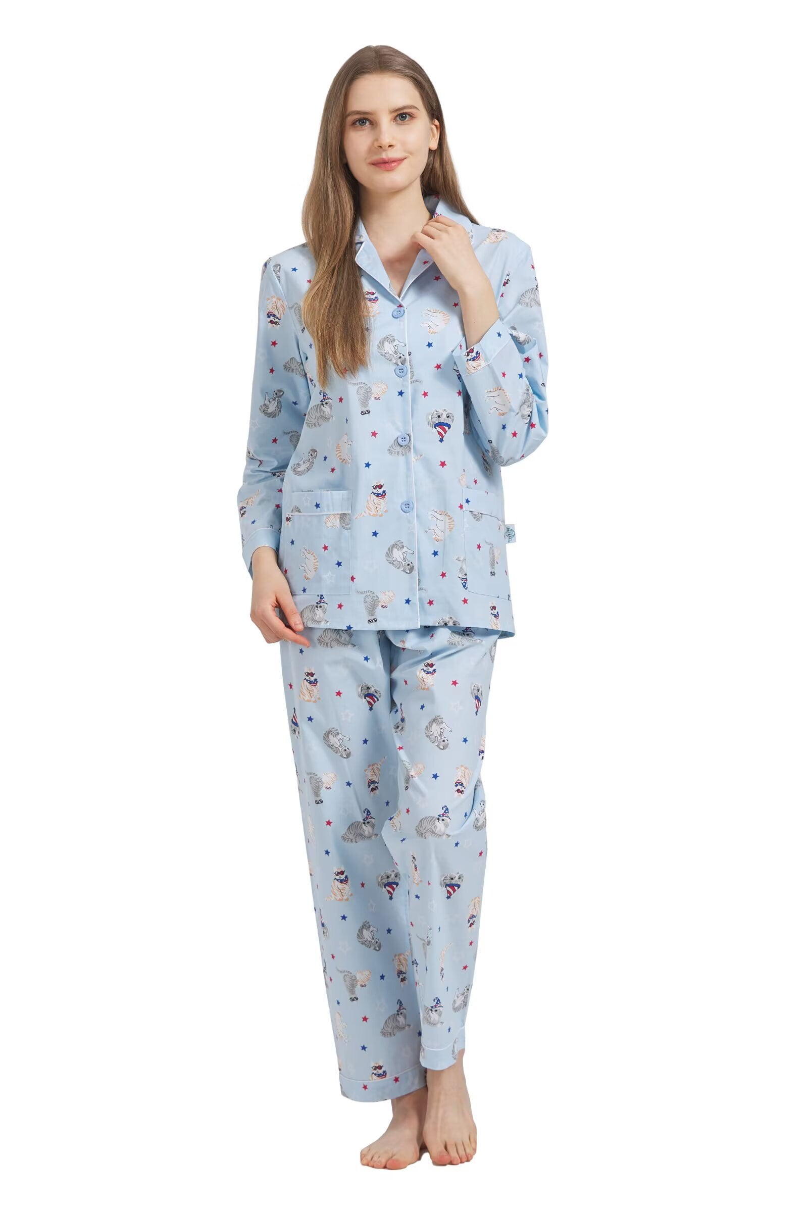 GLOBAL 100% Cotton Pajamas for Women Notch Collar Pjs Cozy Button Down ...