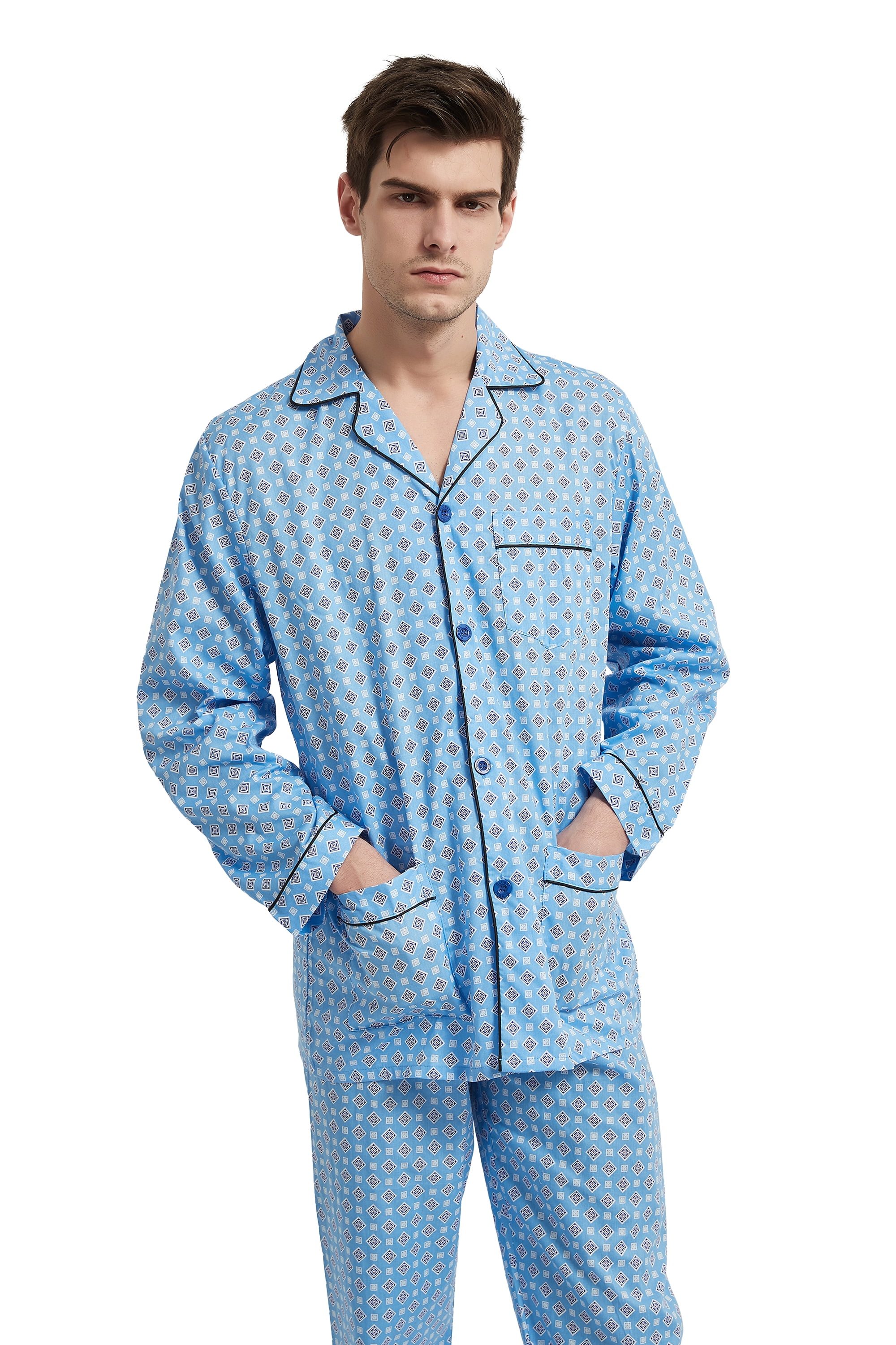 GLOBAL Men's Cotton Notch Collar Pajama Set with Pockets, 2-Piece ...