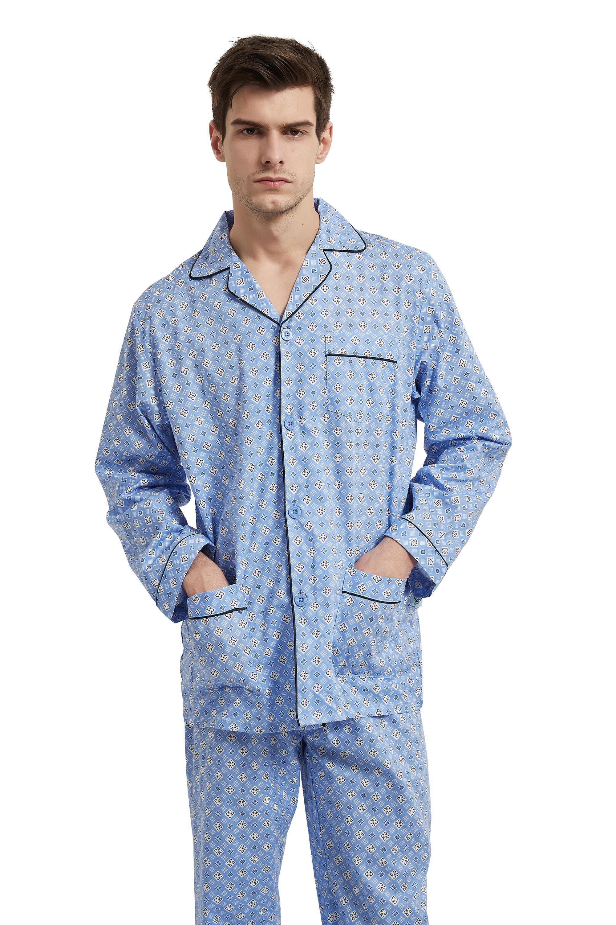 GLOBAL Men's 100% Cotton Pajama Set with Large Pockets, Elastic Waist ...