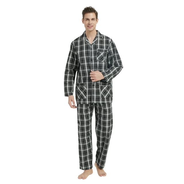 GLOBAL Mens Yarn Pajama Set 100% Cotton, Long Sleeve Button Down PJ Set ...