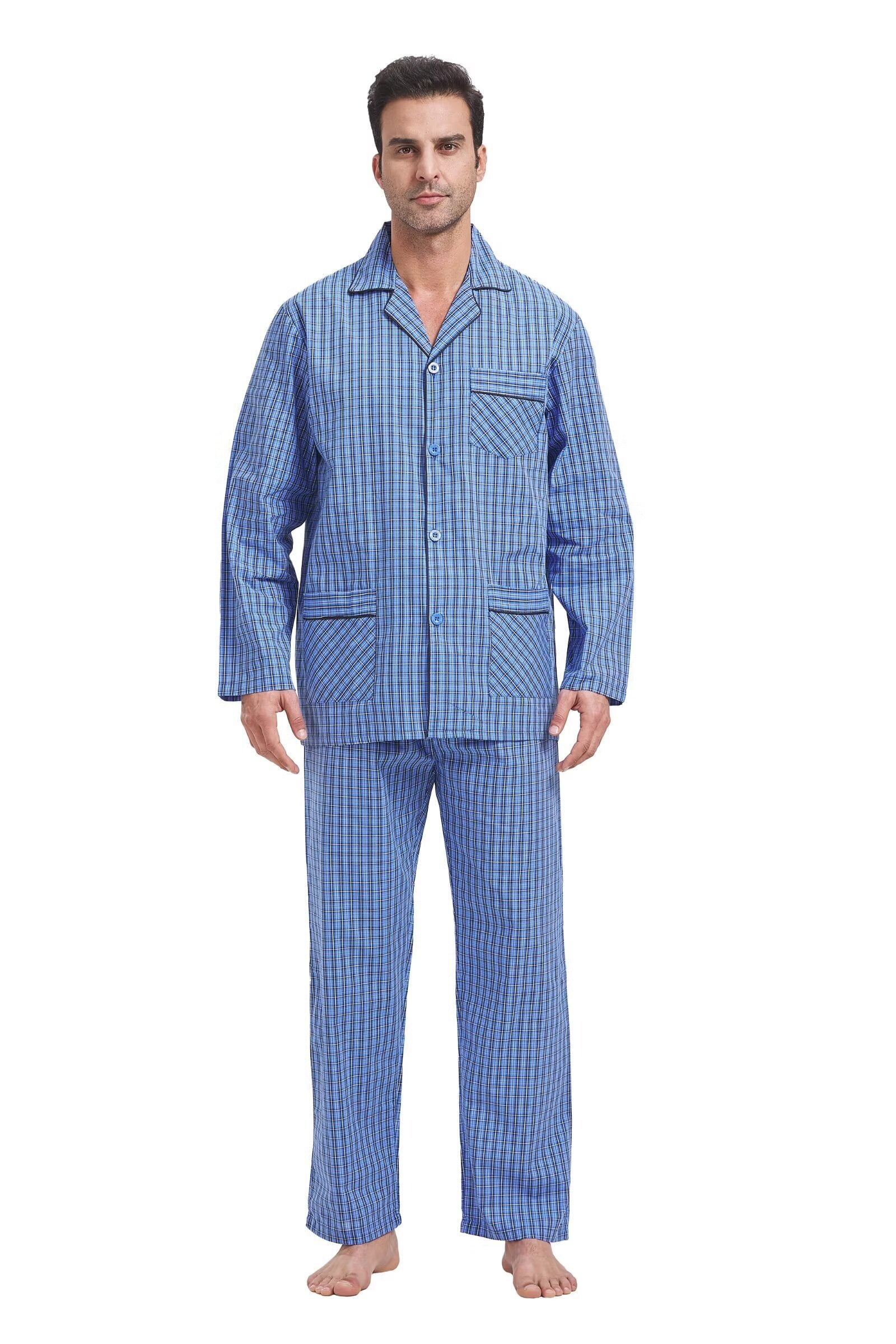 GLOBAL Mens Yarn Pajama Set 100% Cotton, Long Sleeve Button Down PJ Set ...