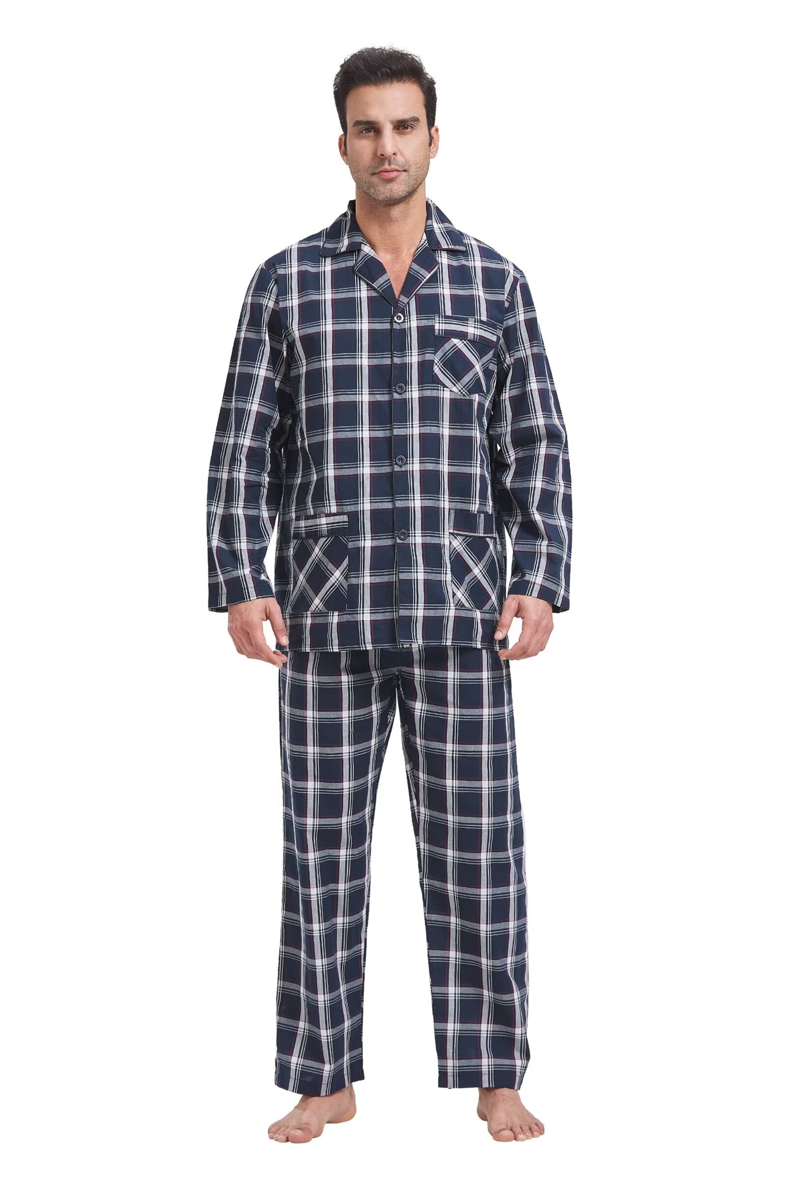 GLOBAL Mens Yarn Pajama Set 100% Cotton, Long Sleeve Button Down PJ Set ...
