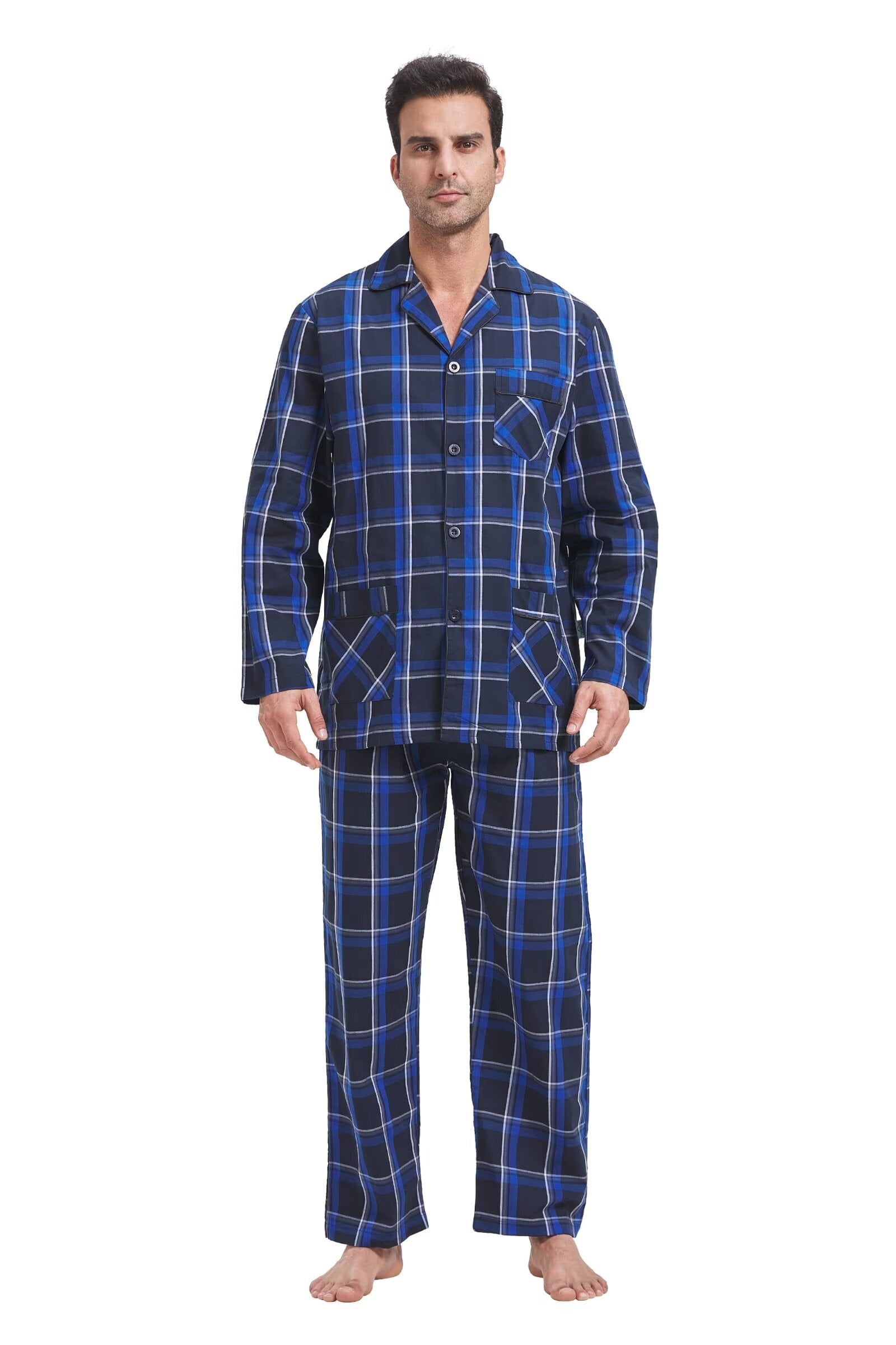 GLOBAL Mens Yarn Pajama Set 100% Cotton, Long Sleeve Button Down PJ Set ...