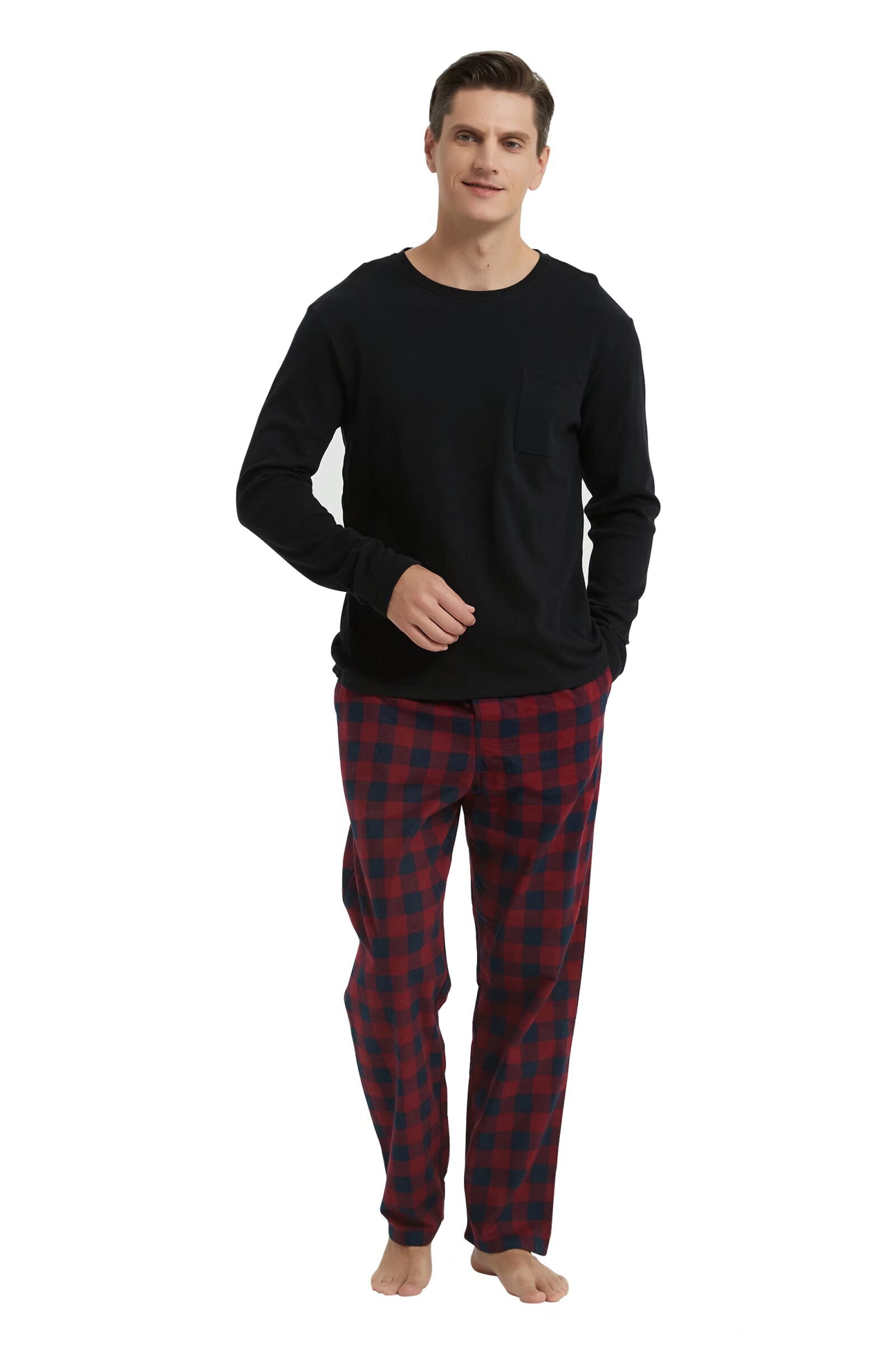 GLOBAL Men's Flannel Pant and Long-Sleeve T-Shirt Pajama Set 100% ...
