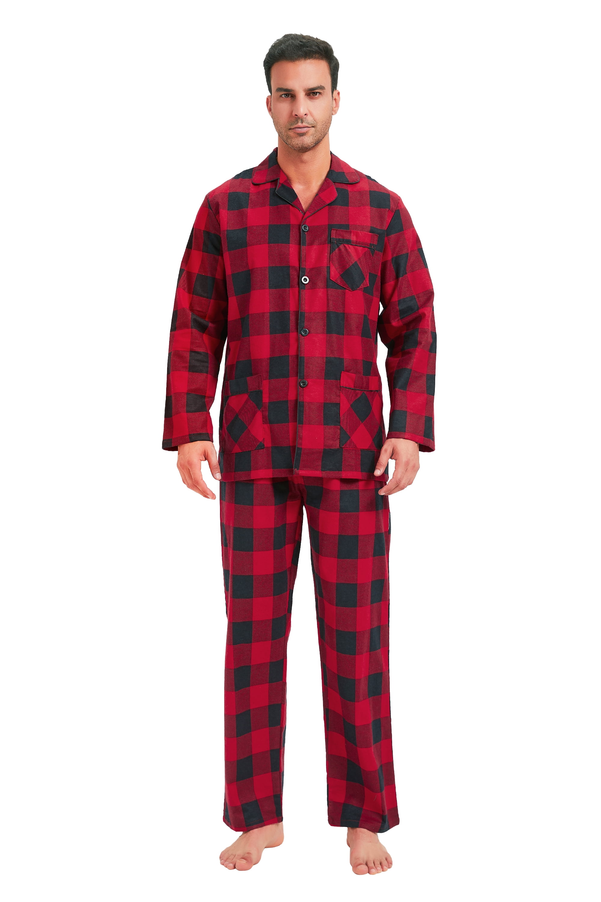 GLOBAL Men's Long Sleeve Flannel Pajamas Sets 100% Cotton Sleepwear Top ...