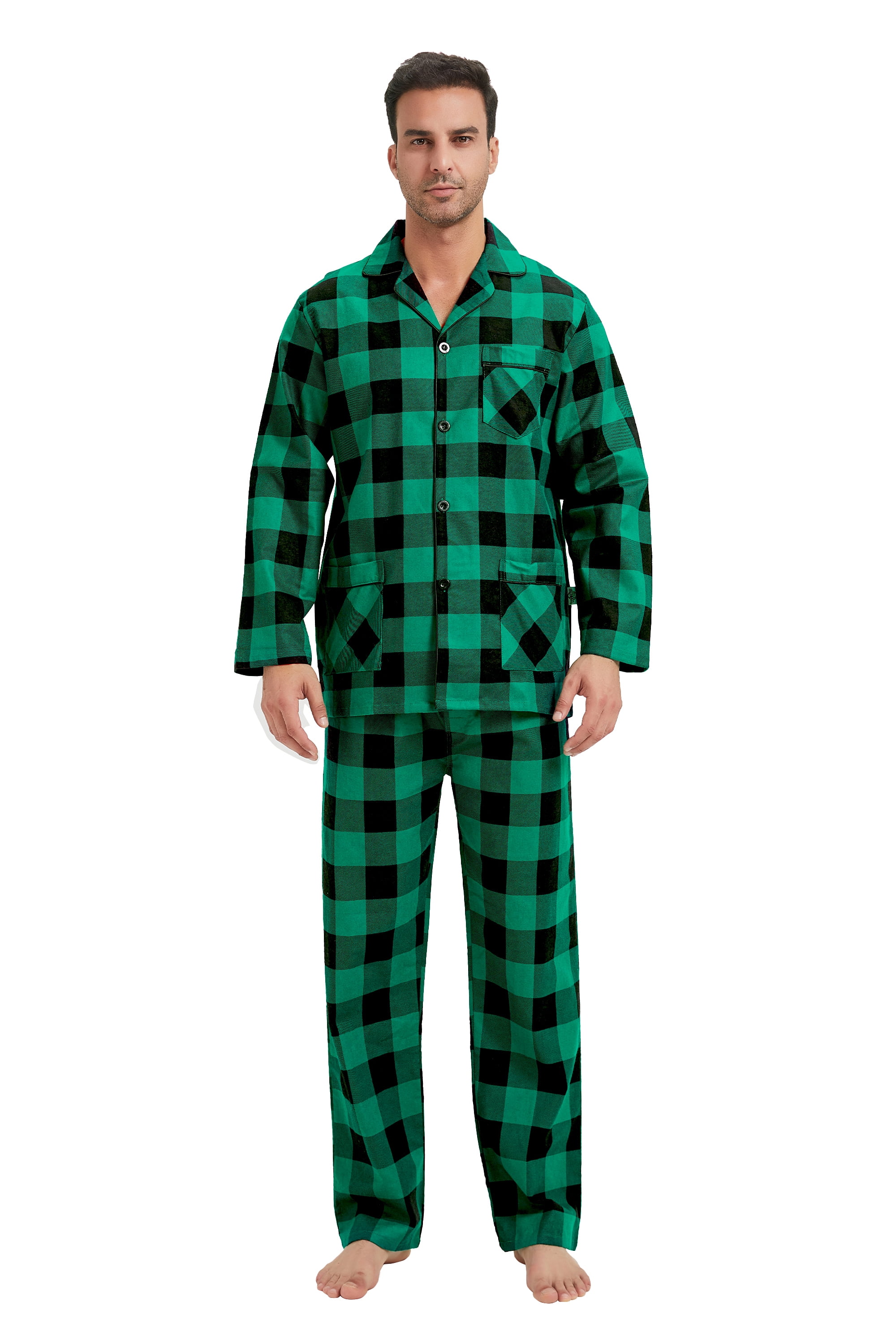 GLOBAL Men's Long Sleeve Flannel Pajamas Sets 100% Cotton Sleepwear Top ...