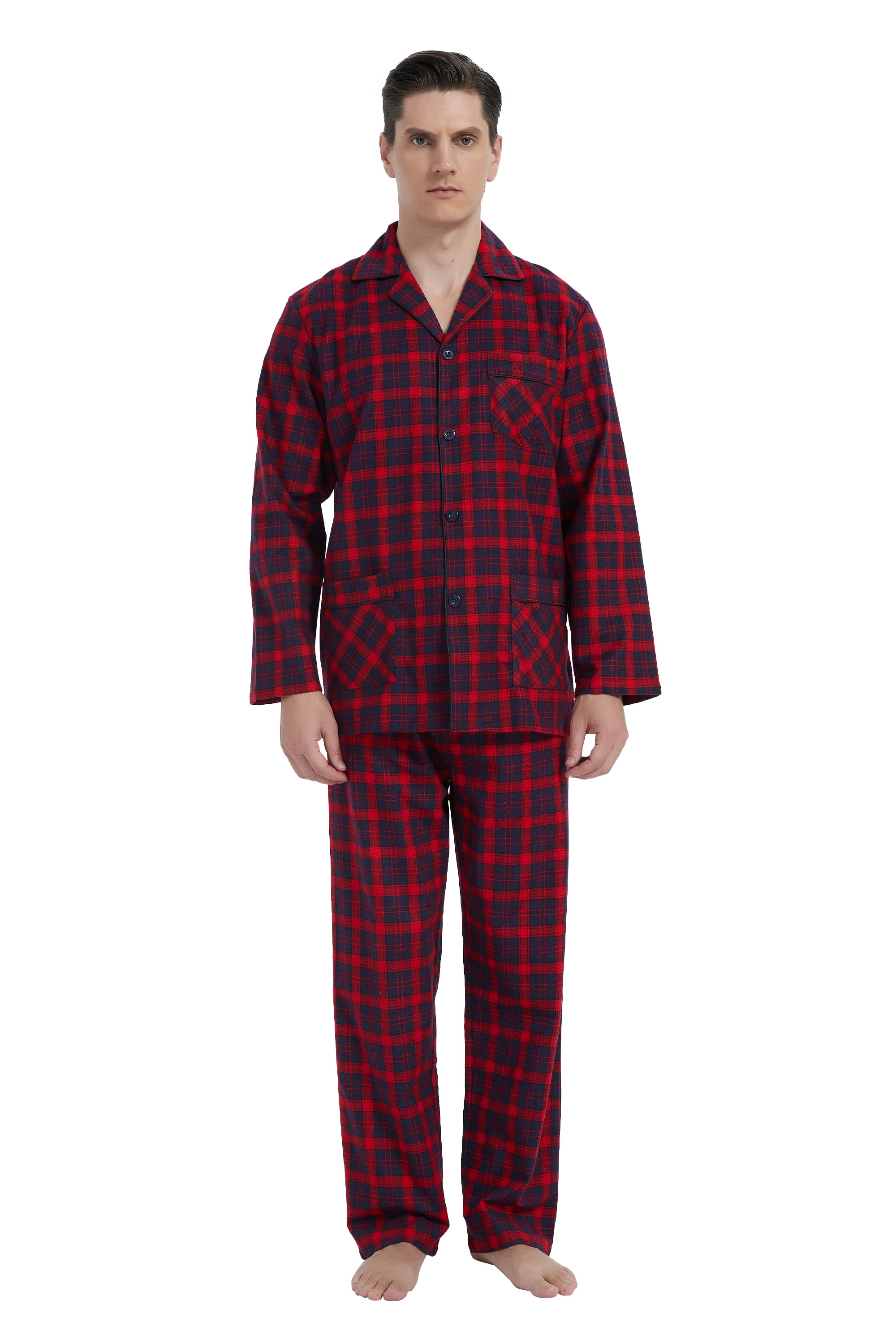GLOBAL Men's Long Sleeve Flannel Pajamas Sets 100% Cotton Sleepwear Top ...