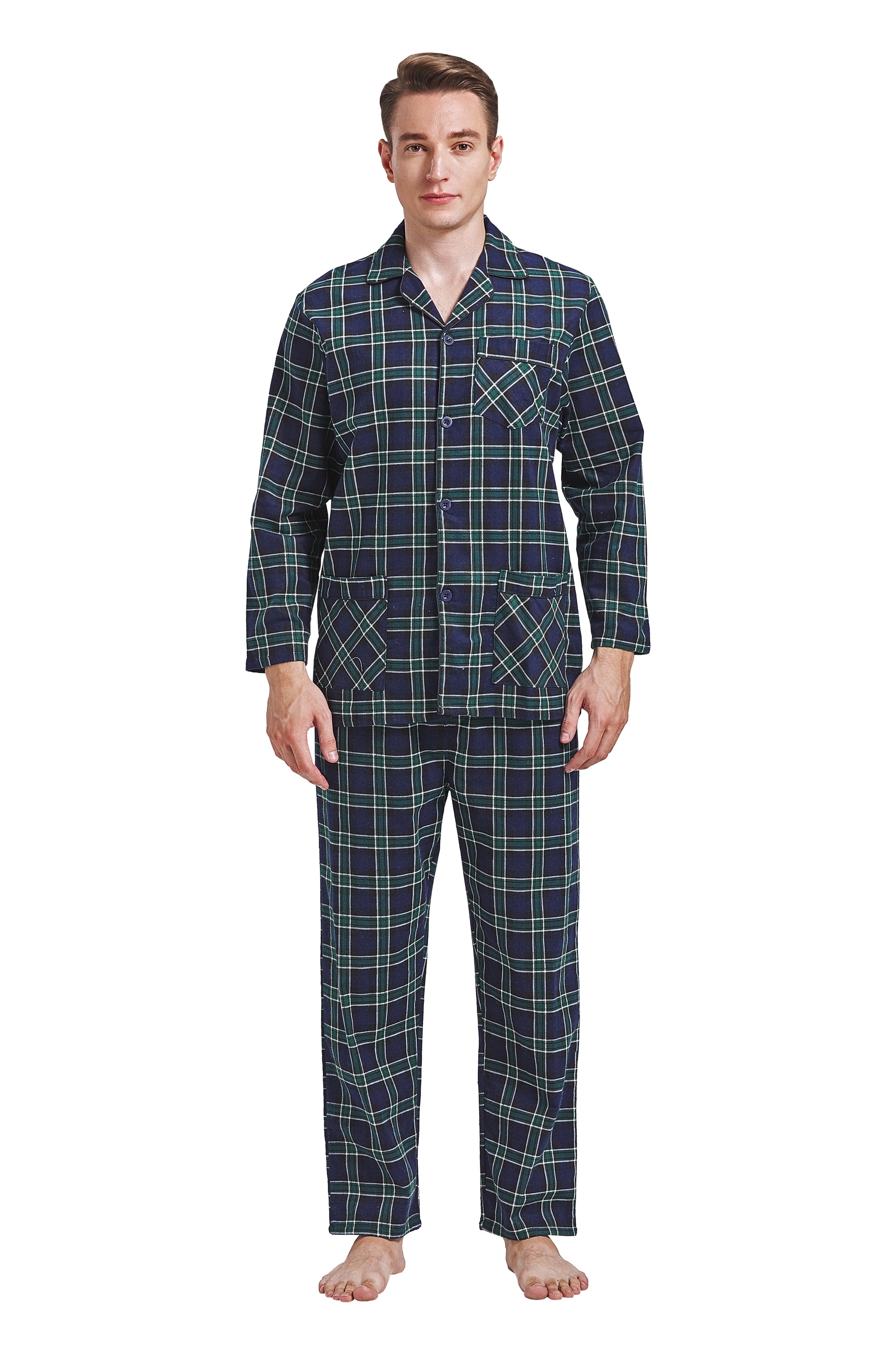 GLOBAL Men's Pajamas Sets 100% Cotton Flannel Sleepwear Long-Sleeve Top ...