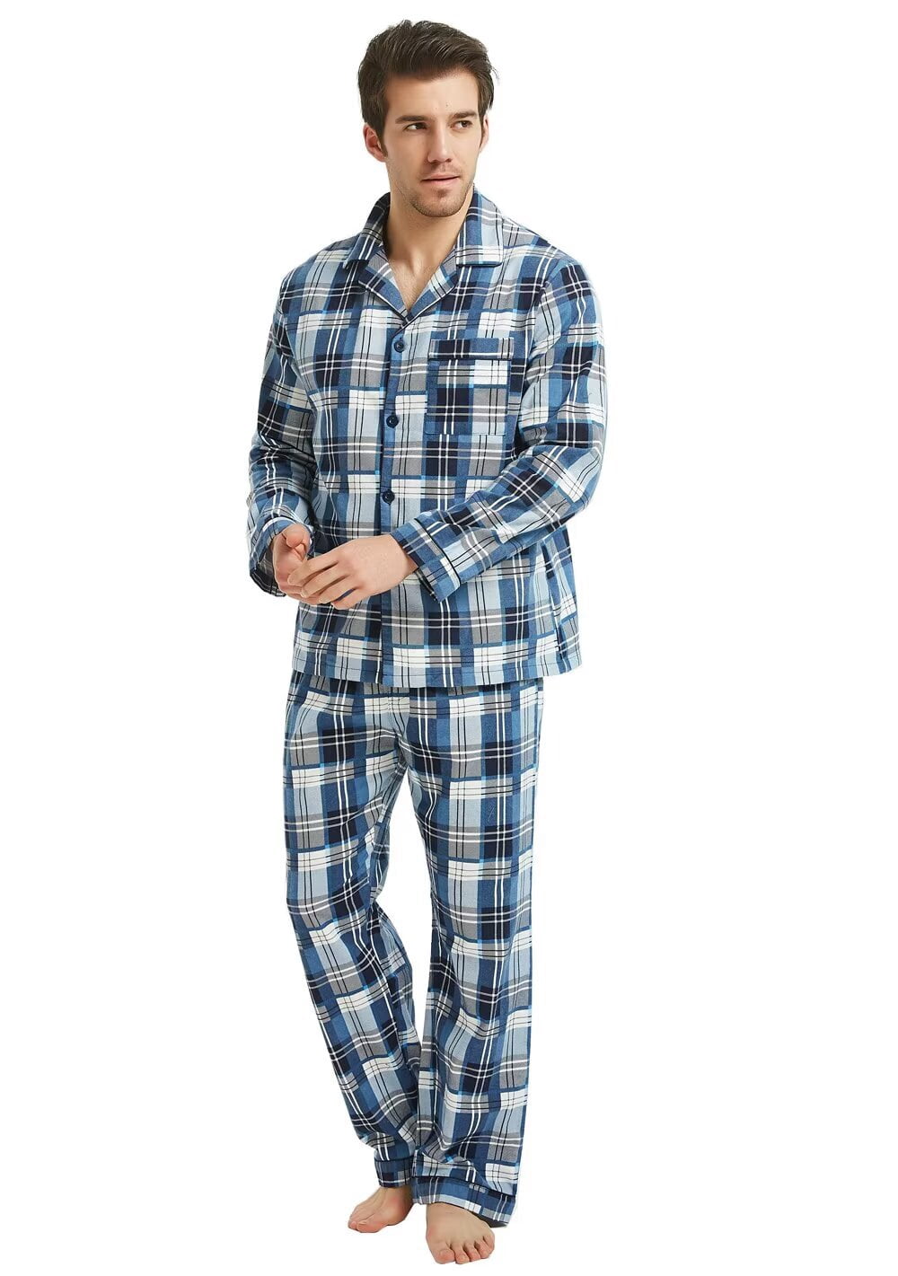 GLOBAL Men's Pajamas Sets 100% Cotton Flannel Sleepwear Long-Sleeve Top ...