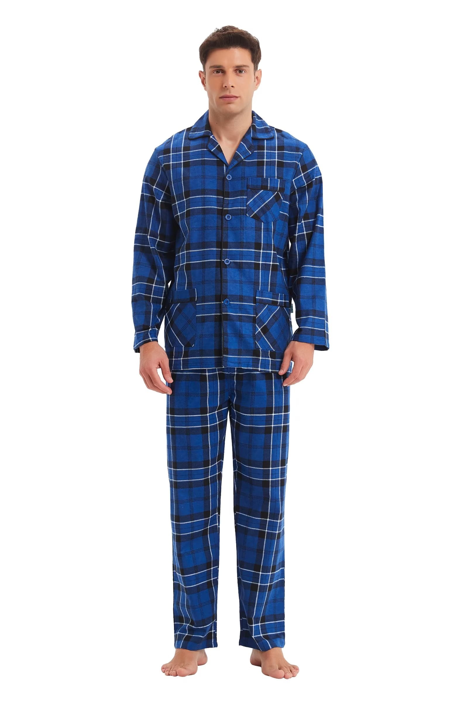 GLOBAL Men's 100% Cotton Pajama Set, Flannel Sleepwear with Long-Sleeve ...