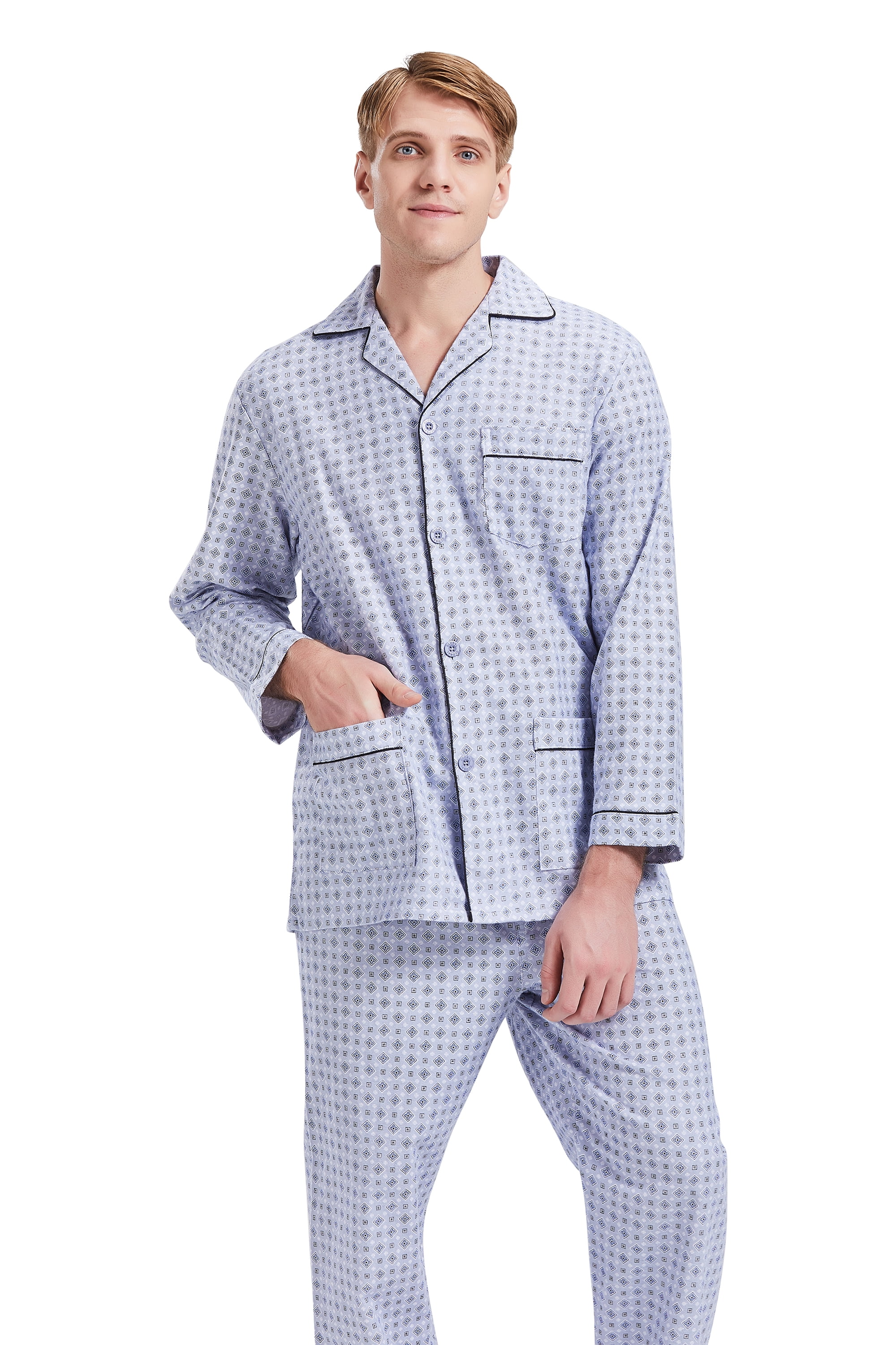 GLOBAL Men's 100% Cotton Pajama Set, Flannel Sleepwear with Long-Sleeve ...