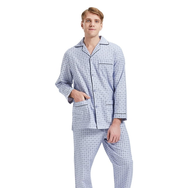 GLOBAL Men's 100% Cotton Pajama Set, Flannel Sleepwear with Long-Sleeve Top, Elastic Drawstring ...