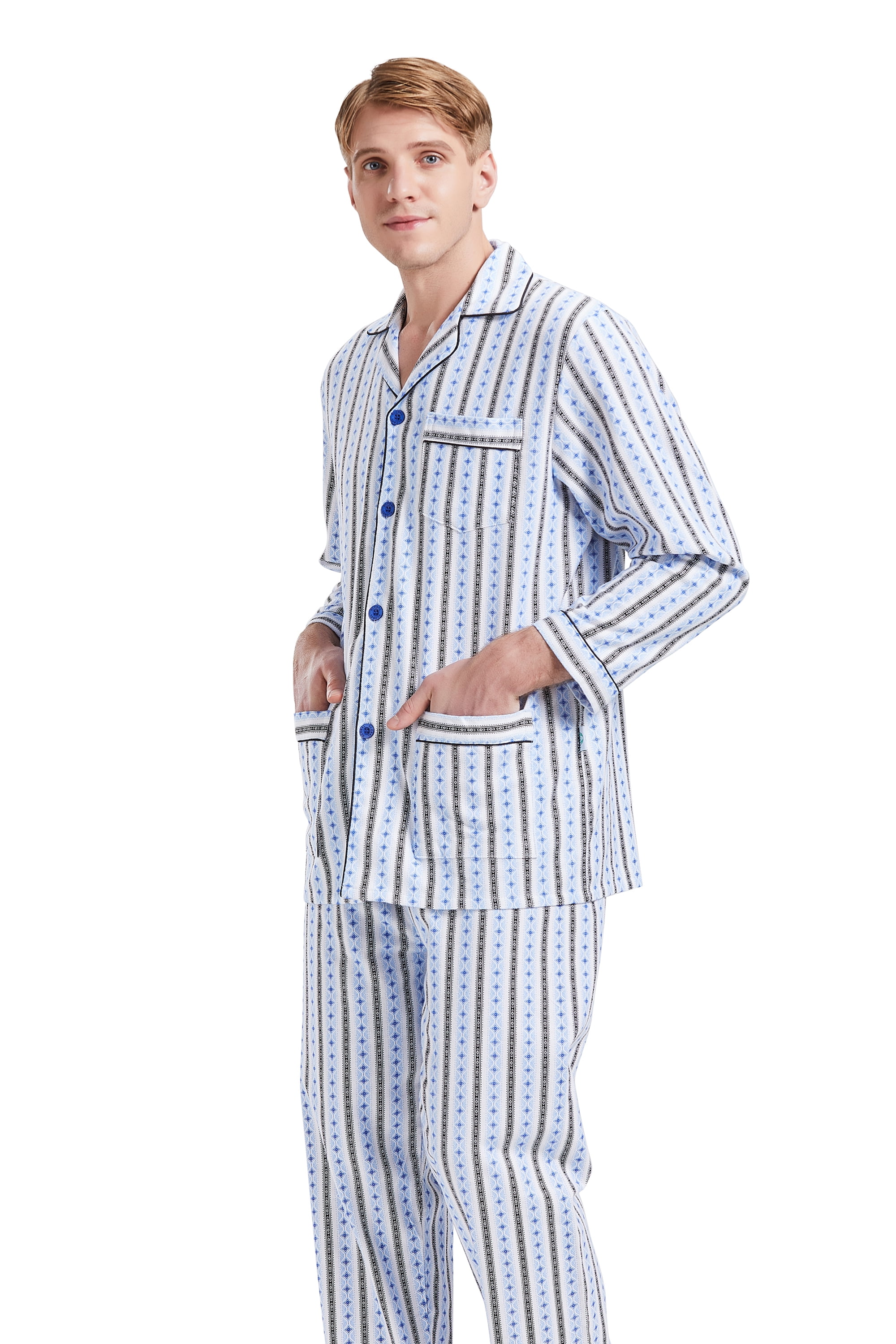GLOBAL Men's 100% Cotton Flannel Pajama Set, Long-Sleeve Top & Bottom ...