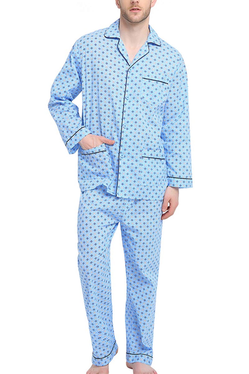 GLOBAL Mens Cotton Pajama Sets Long Sleeve Button Down Sleepwear Comfy ...