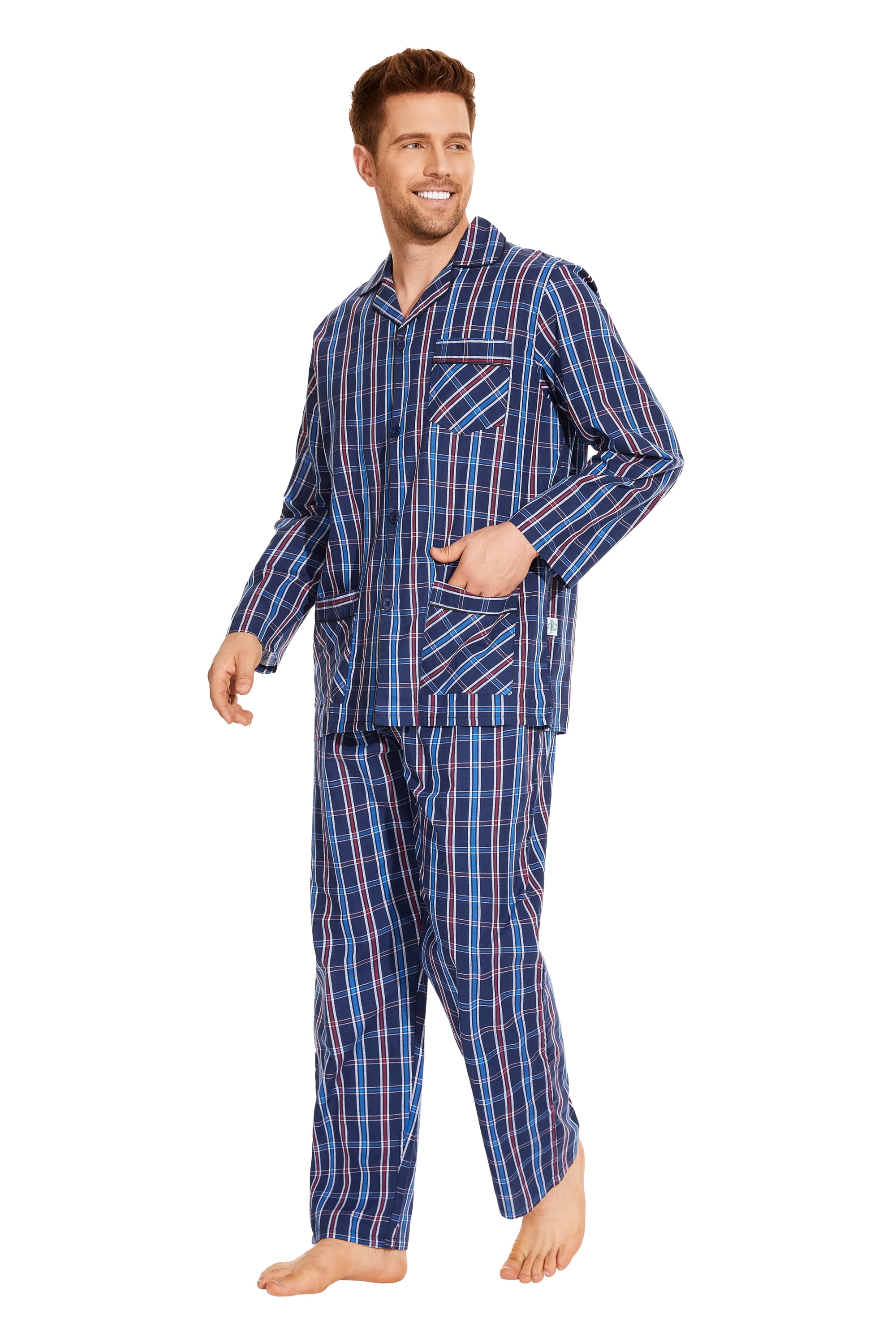 GLOBAL Men's 100% Cotton Sleep Pants, Big & Tall PJs with Notch Collar ...