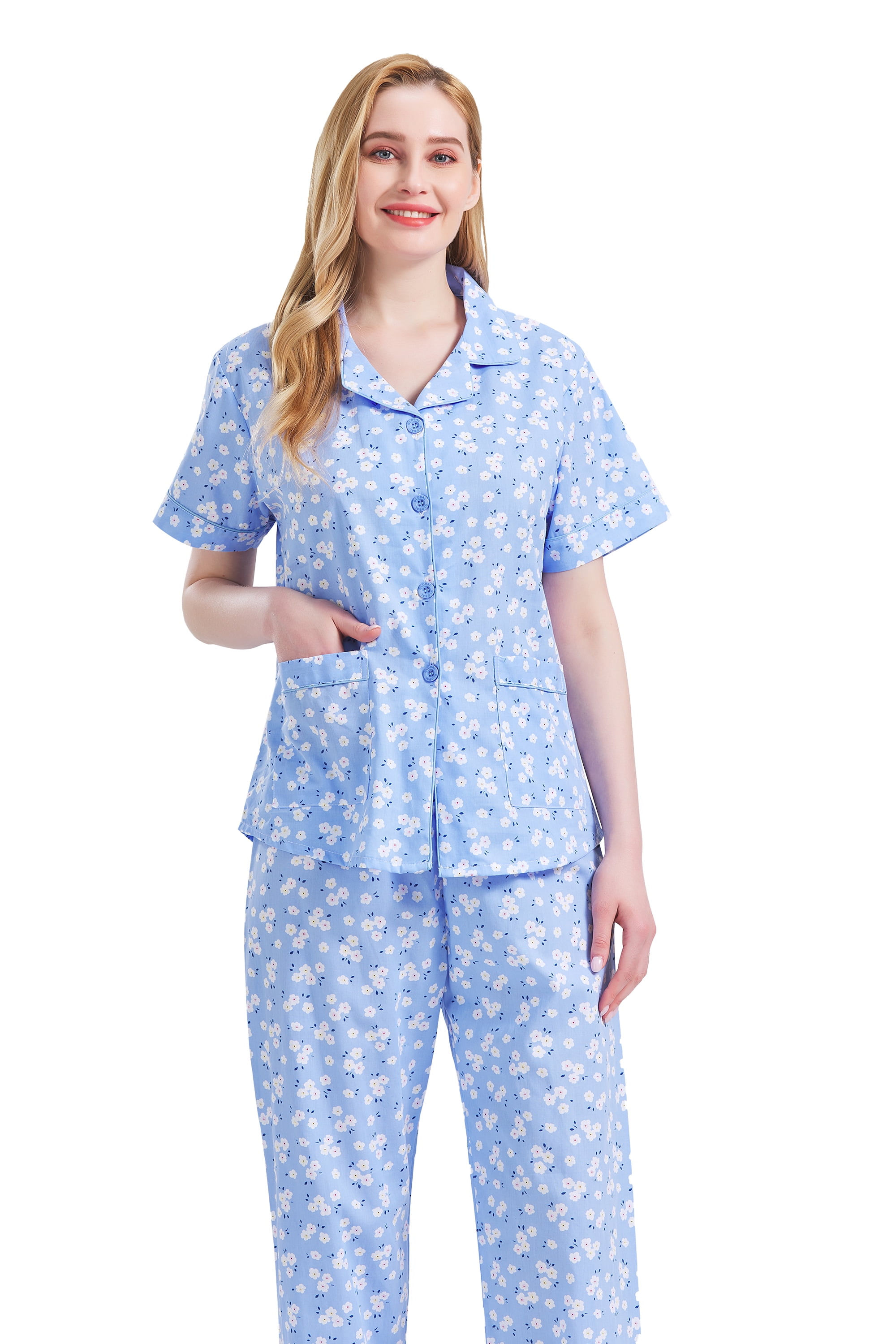 GLOBAL Women 100% Cotton Button Down Short Sleeve Top & Long Pants ...